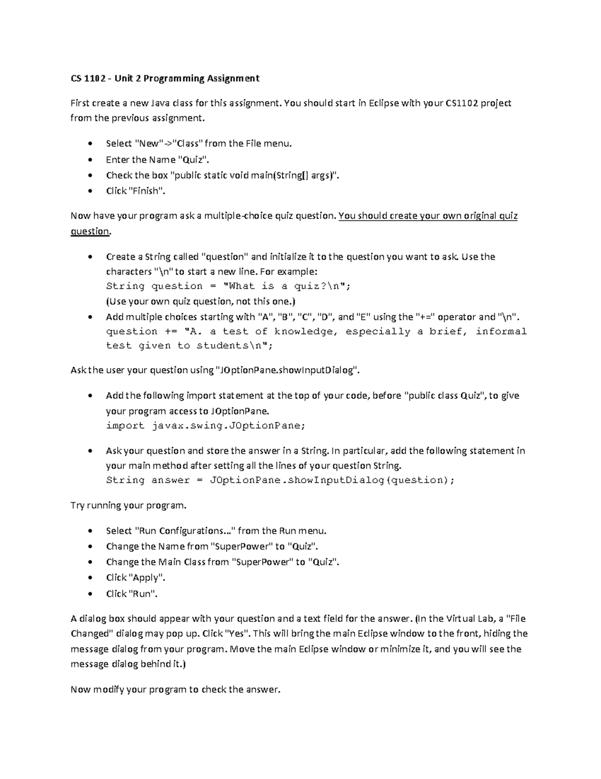 Cs 1102 Programming Assignment Unit 2 Cs 1102 Unit 2 Programming Assignment First Create A