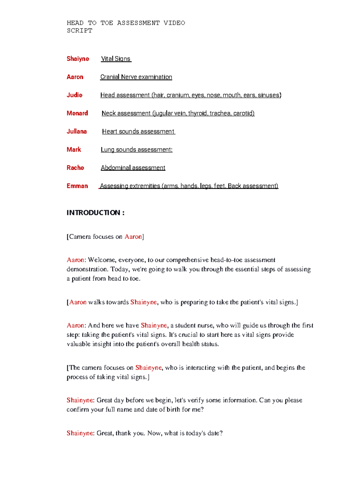 HA-LEC- Script - note - SCRIPT Shaiyne Vital Signs Aaron Cranial Nerve ...
