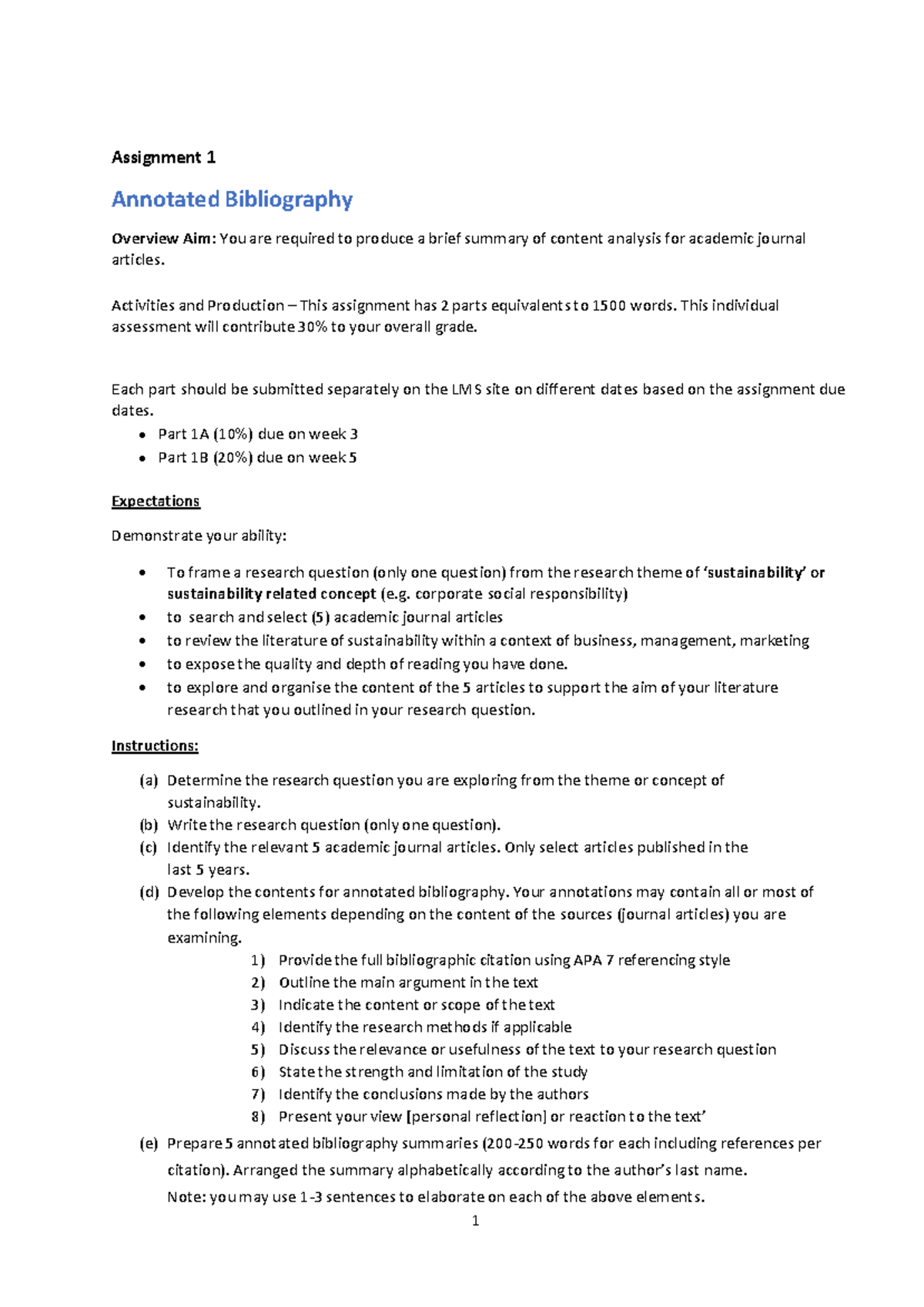 Assign 1 Guideline 2023 - 1 Assignment 1 Annotated Bibliography ...