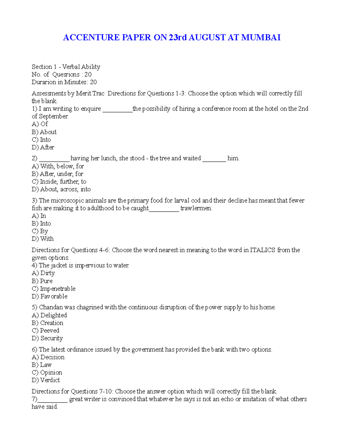 Accenture Placement Sample Paper 2 - ACCENTURE PAPER ON 23rd AUGUST AT ...