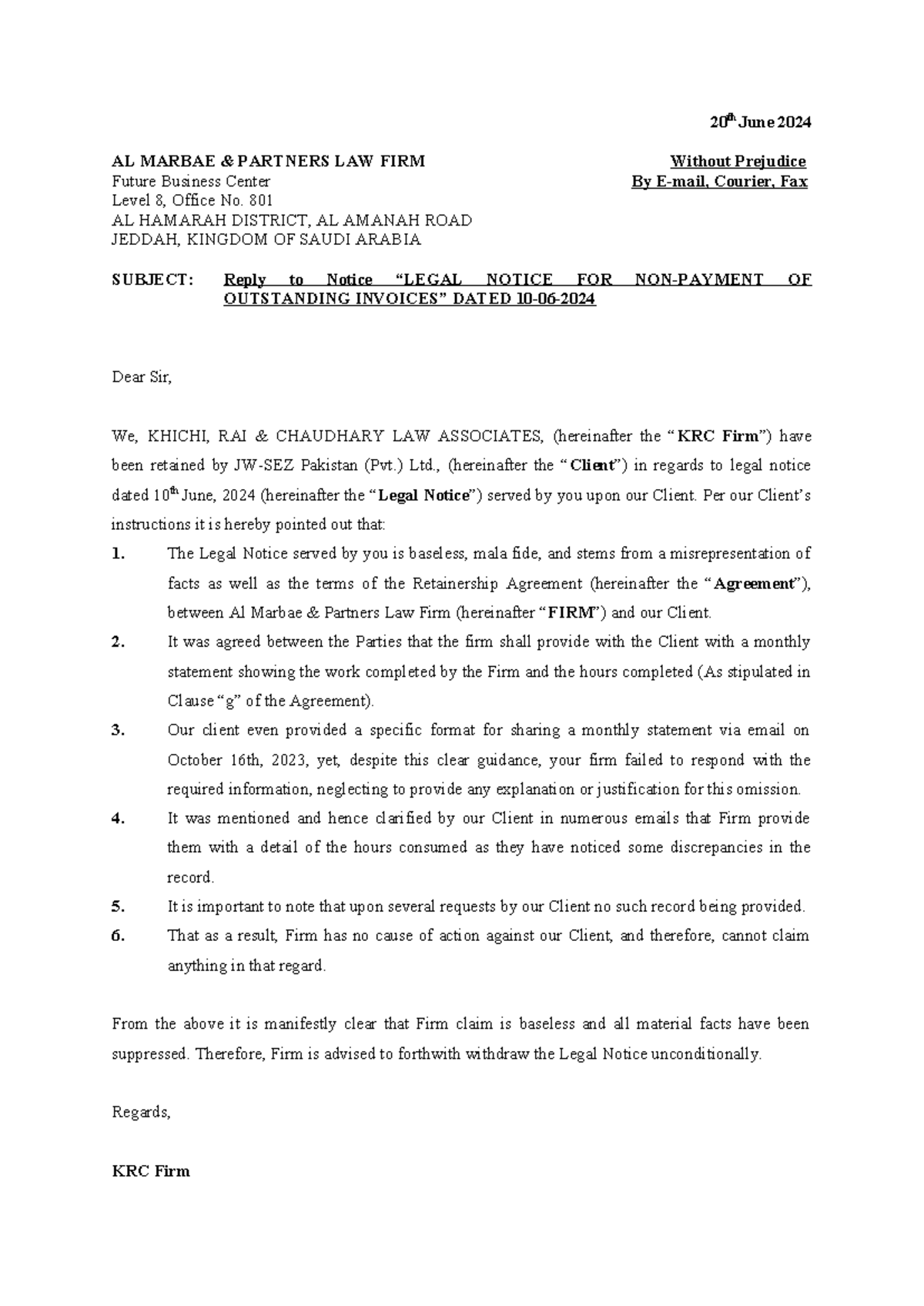 Legal Notice Response/ Reply to Client - 20 th June 2024 AL MARBAE ...