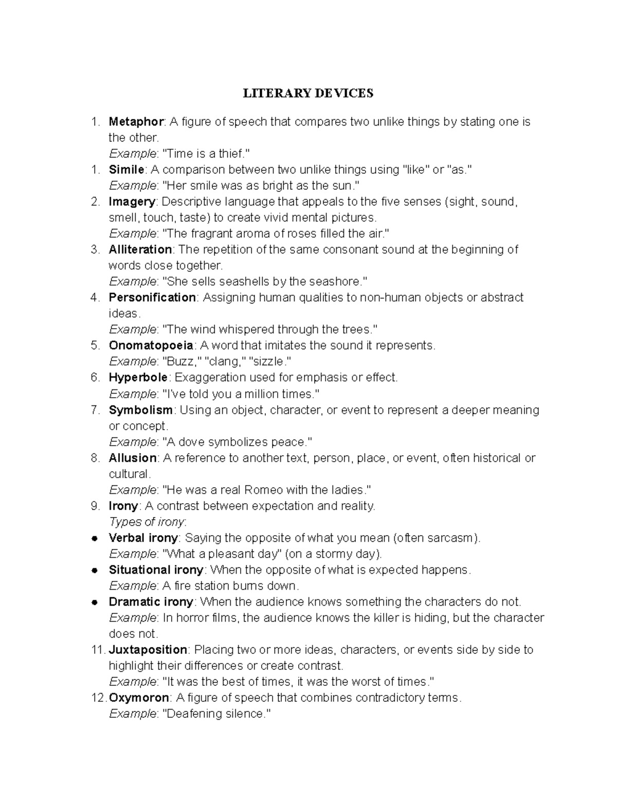 Literary Devices - LITERARY DEVICES Metaphor: A figure of speech that ...