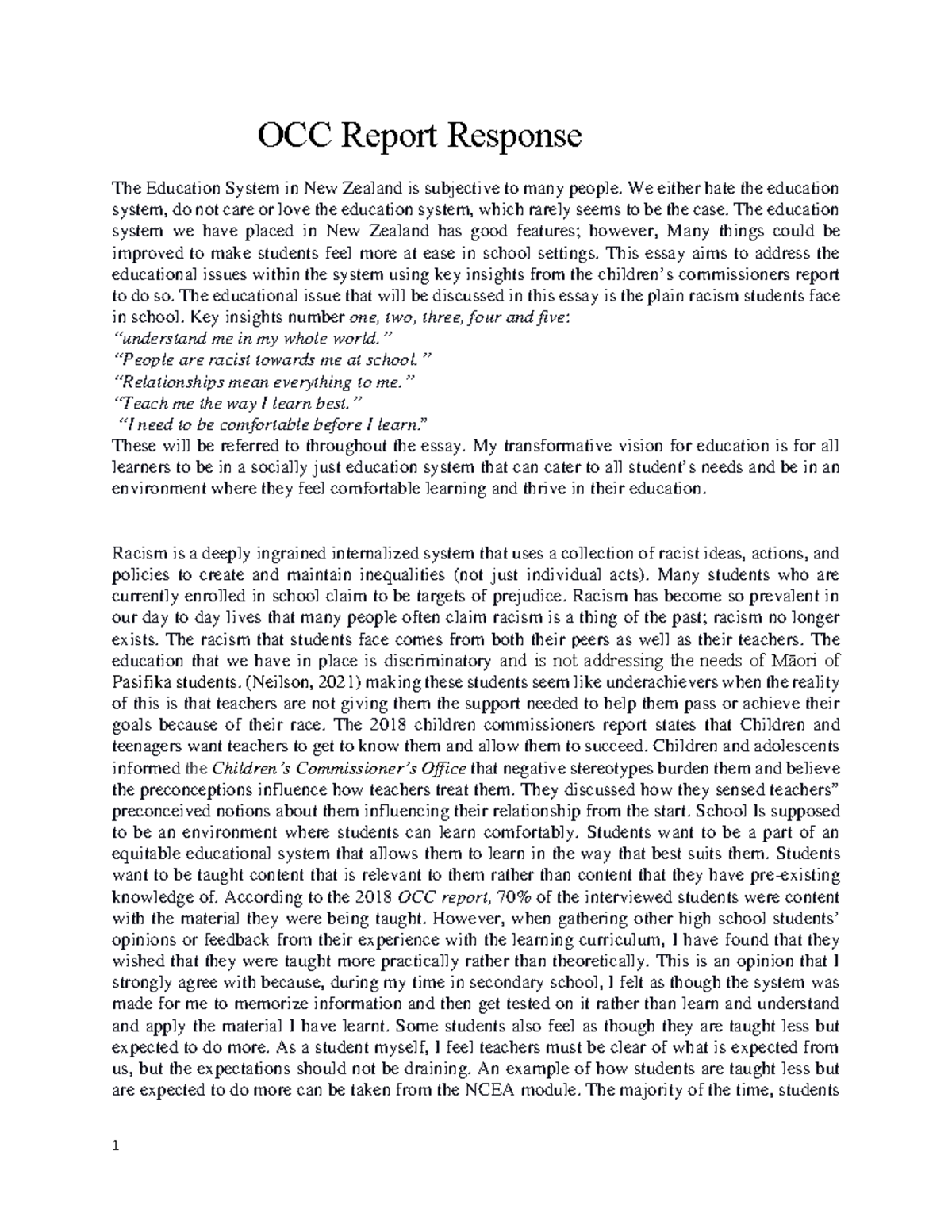 Occ report response - OCC Report Response The Education System in New ...