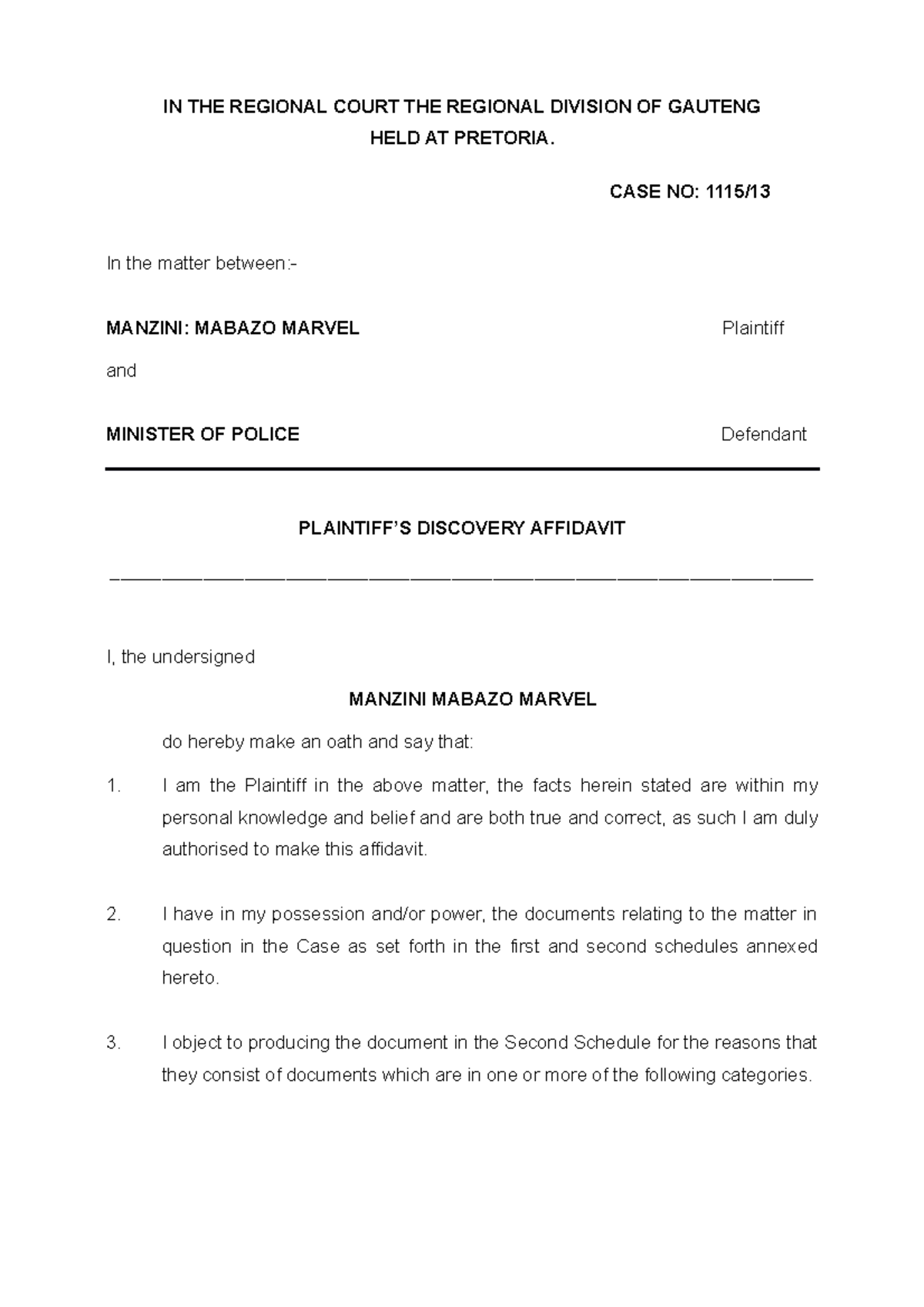 Discovery Affidavit ( Zwane) - IN THE REGIONAL COURT THE REGIONAL ...
