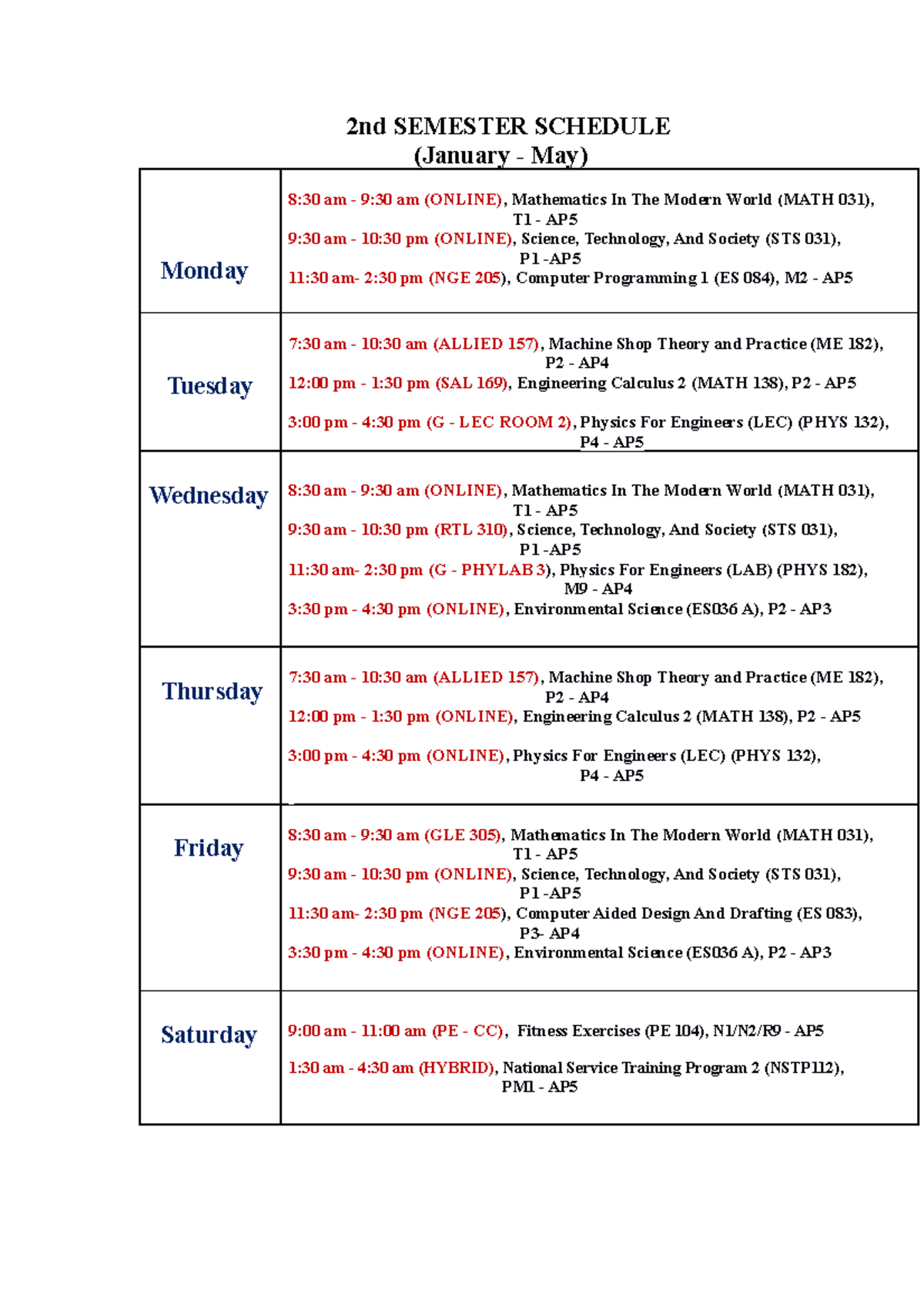 2ND Semester Schedule - Read it carefully - 2nd SEMESTER SCHEDULE ...