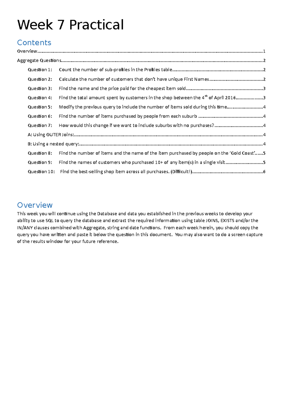 Week 7 Practical S - Week 7 Practical Contents - Studocu