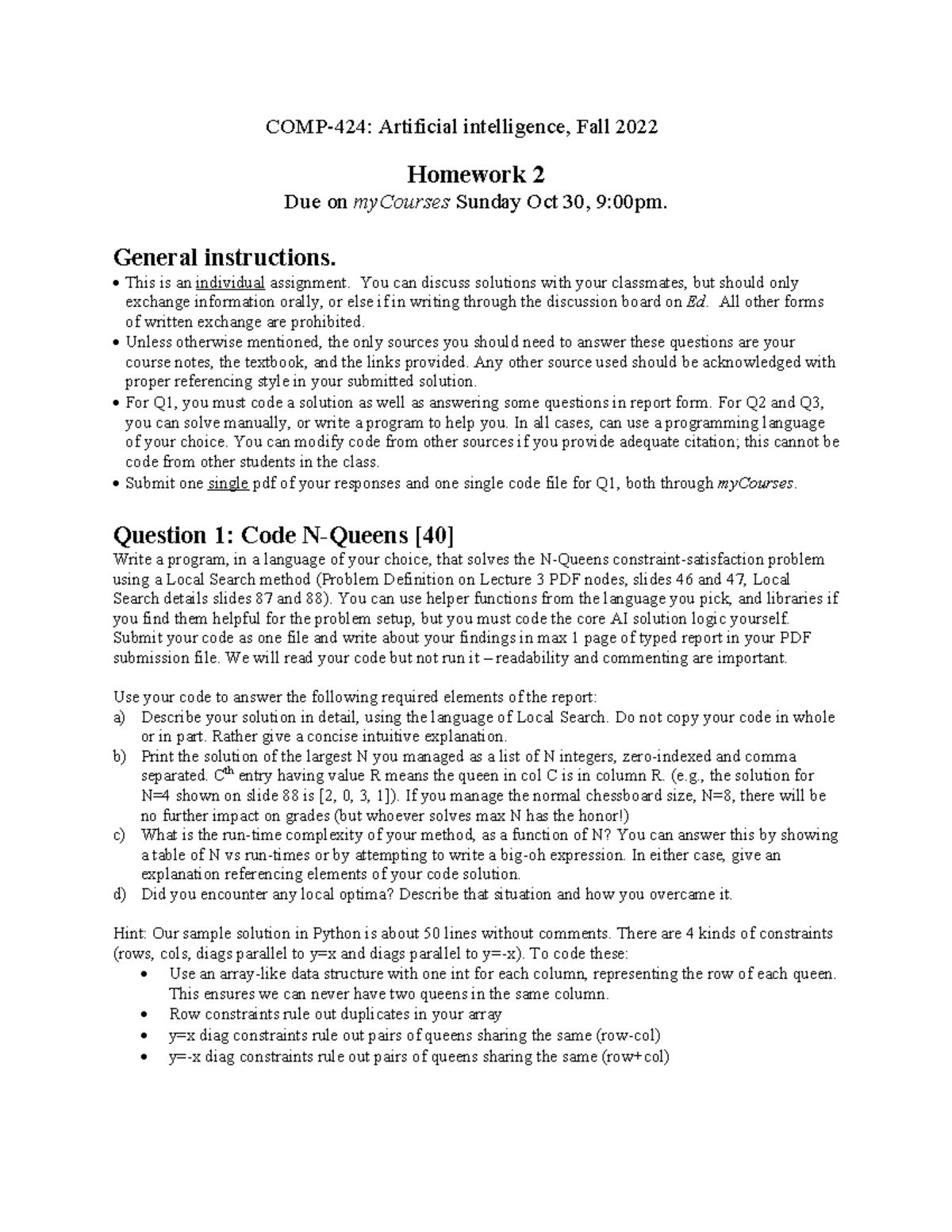 A2 - assignment 2 2022 artificial intelligence comp 424 - COMP-424: Artificial intelligence ...