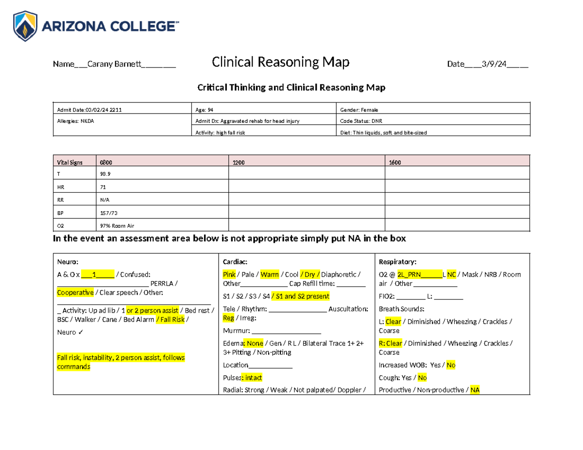 Critical map #1 med surg - Critical Thinking and Clinical Reasoning Map ...