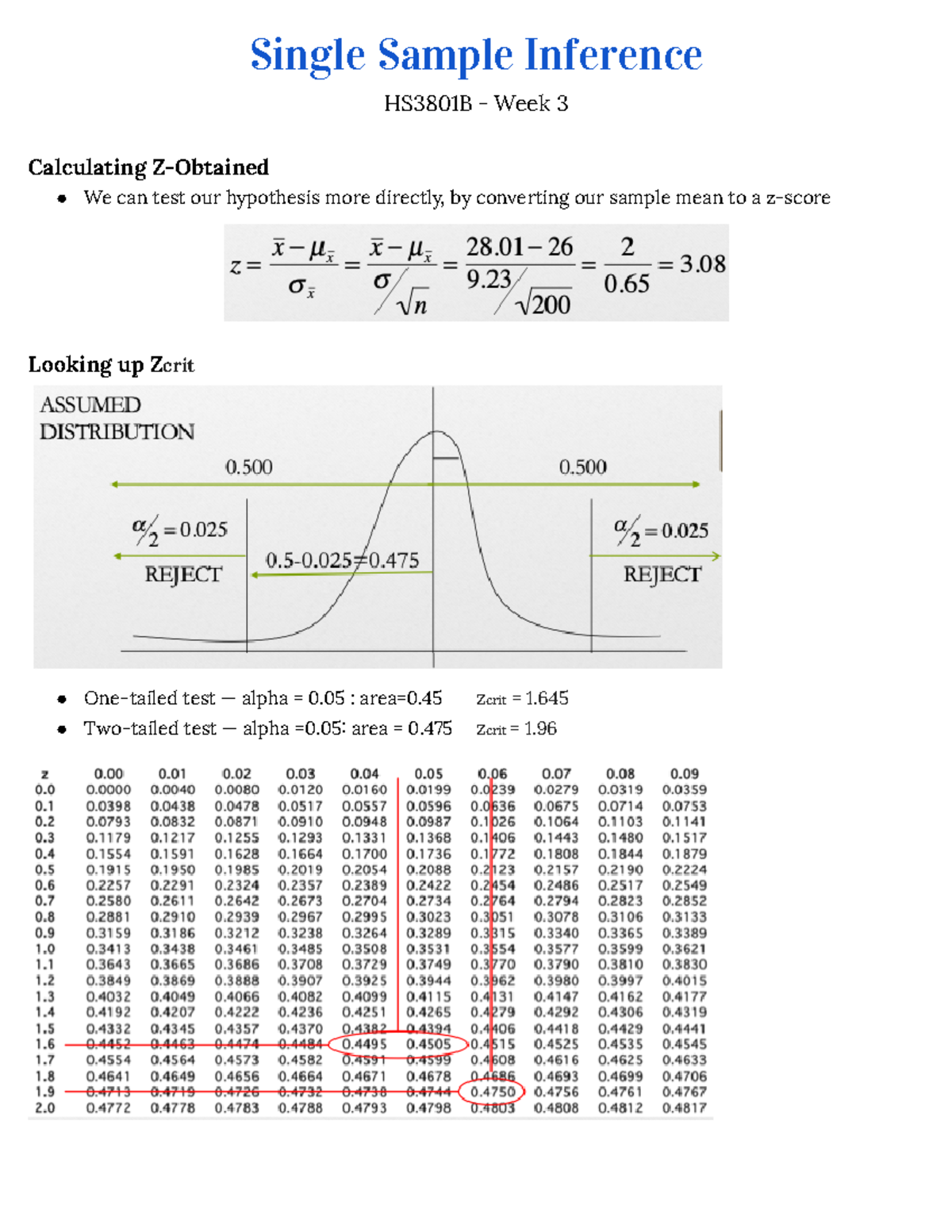 HS3801 - Week 3 - Single Sample Inference - Single Sample Inference HS3801B - Week 3 Calculating ...