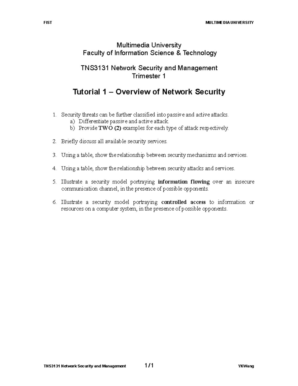 Tutorial 01 Overview of Network Security - FIST MULTIMEDIA UNIVERSITY ...