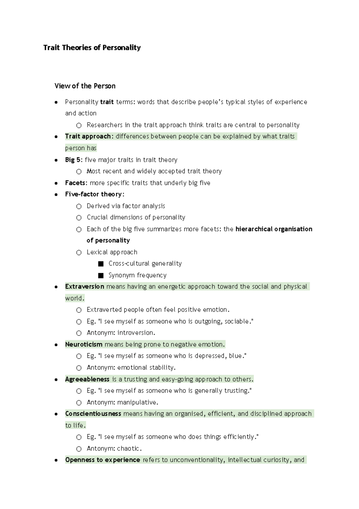 Problem 5 Personality Traits - Trait Theories of Personality View of ...