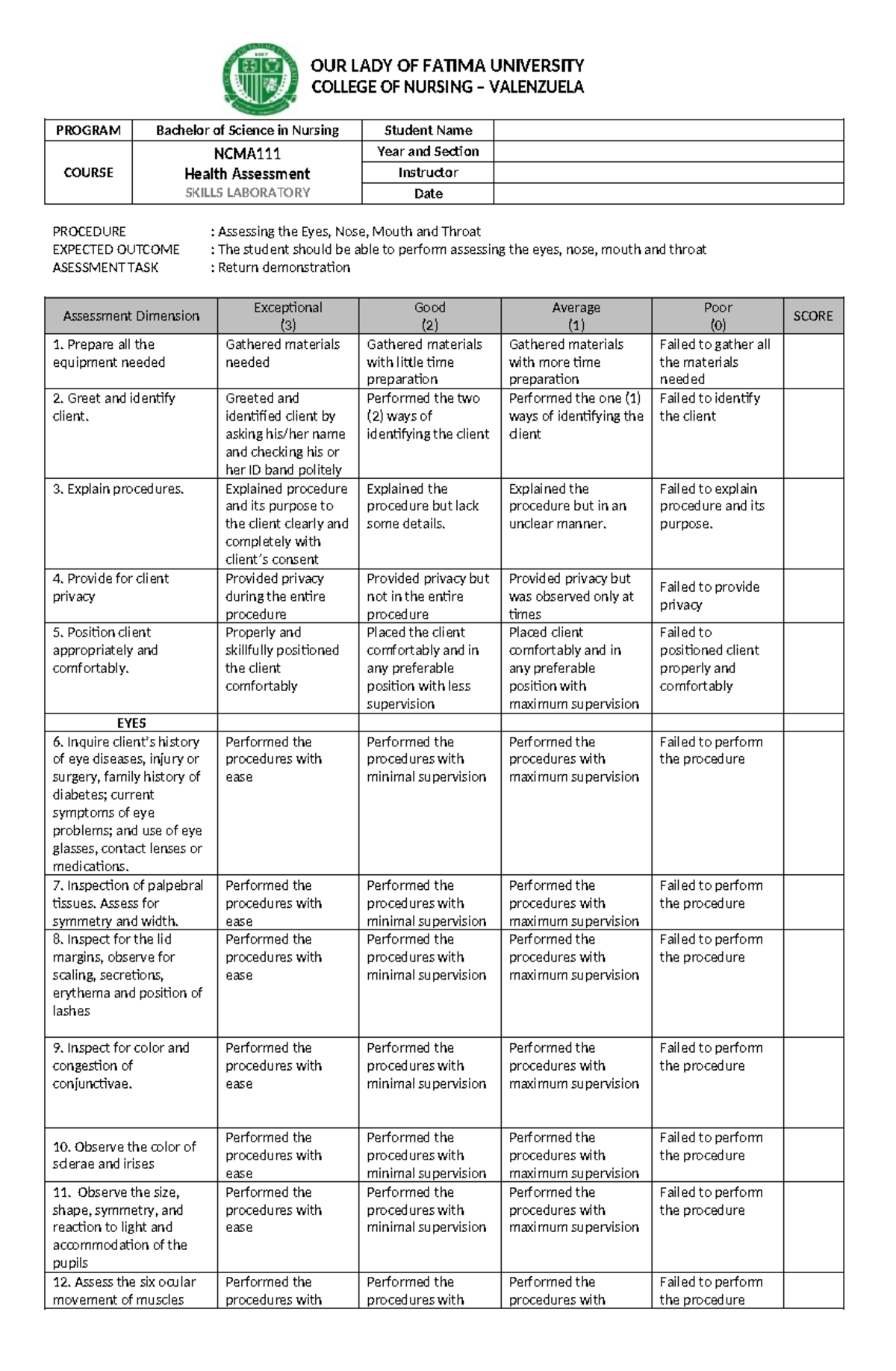 HAS Rubrics Assessing the Eyes Ears Nose Mouth and Throat - OUR LADY OF ...