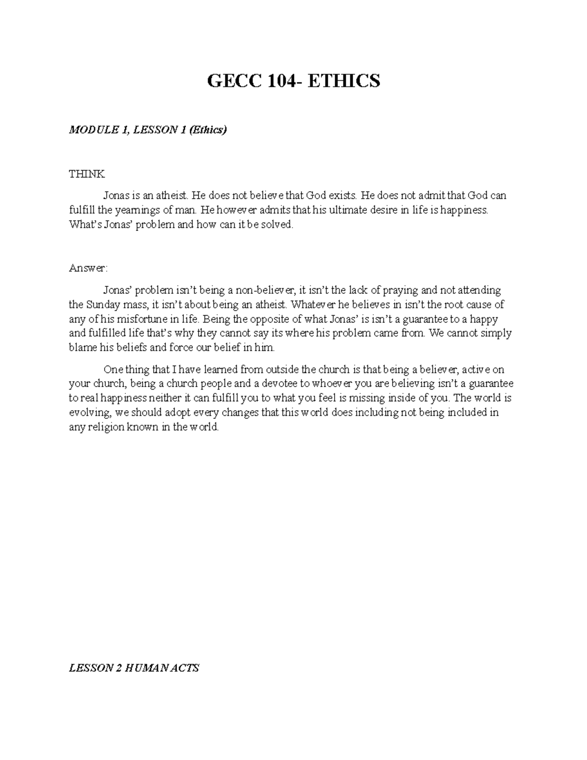 Ethics Module 1 - GECC 104- ETHICS MODULE 1, LESSON 1 (Ethics) THINK ...