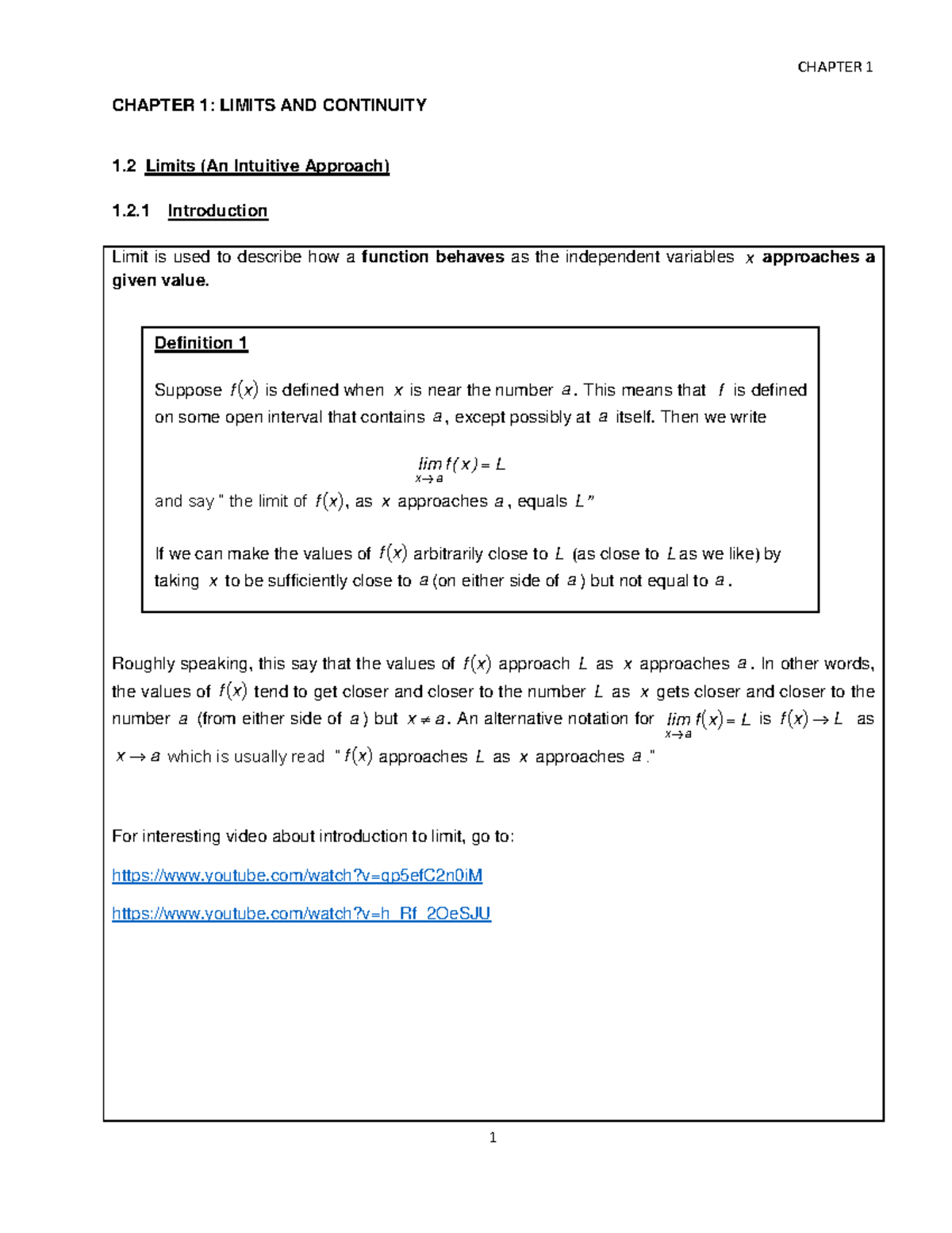 1.2 Limits - CHAPTER 1: LIMITS AND CONTINUITY 1 Limits (An Intuitive Approach) 1.2 Introduction ...