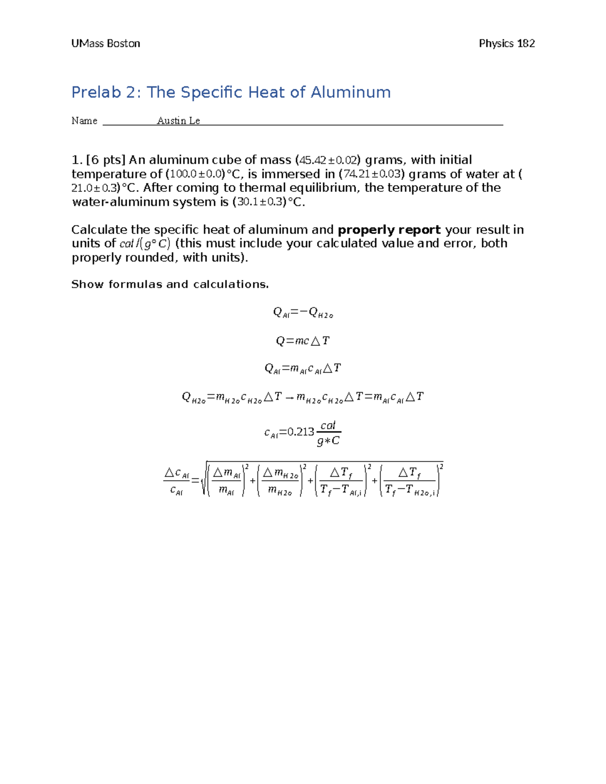 Specific Heat Al Prelab - UMass Boston Physics 182 Prelab 2: The ...