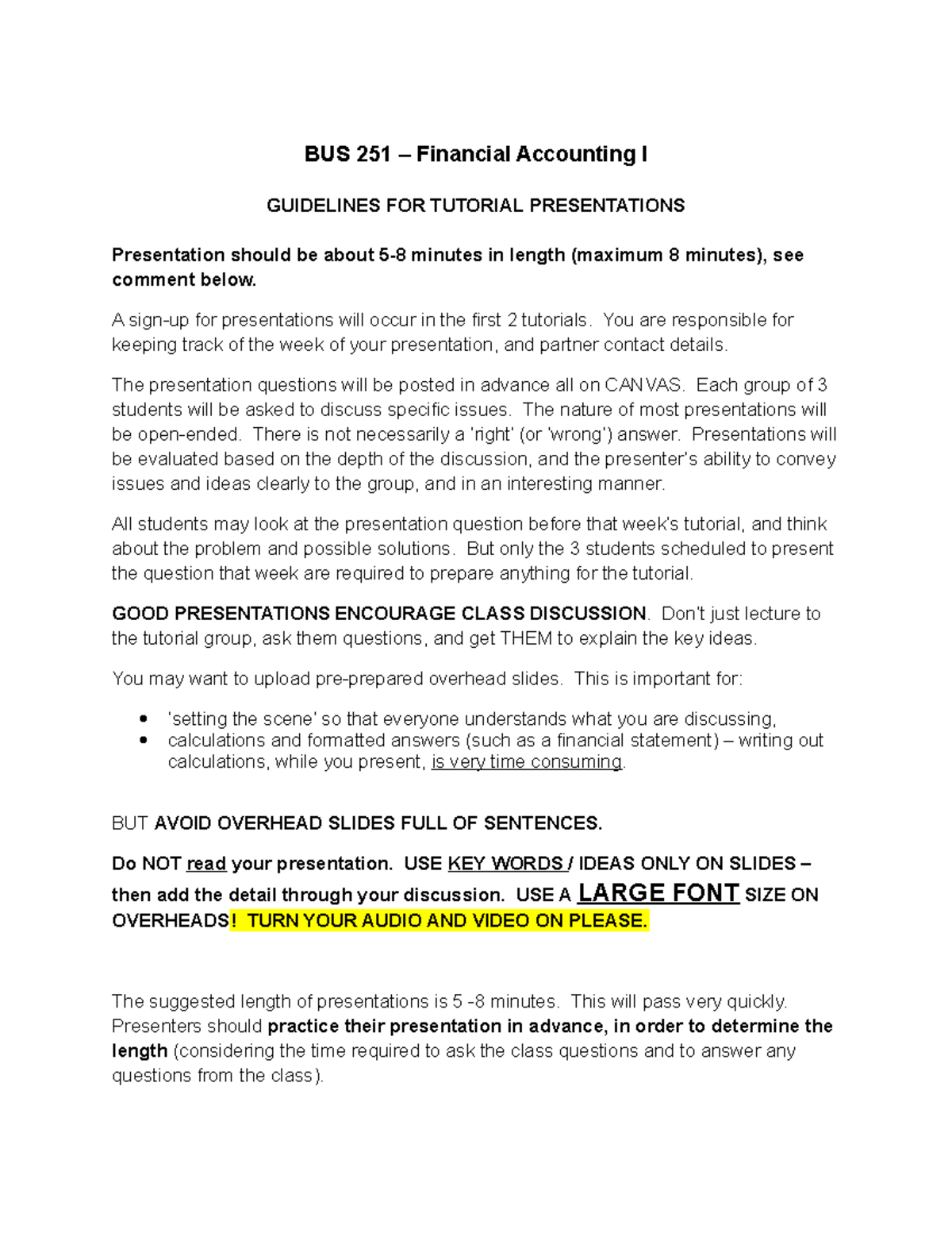 BUS 251 Financial Accounting I Tutorial Presentation Guidelines - Studocu
