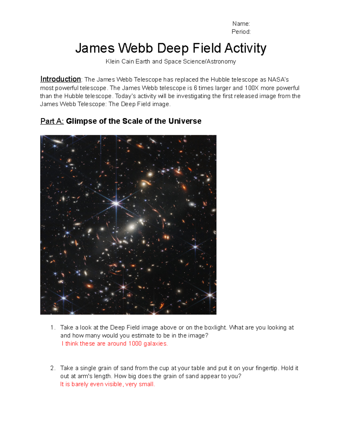 James Webb Activity 1 - Name: Period: James Webb Deep Field Activity ...