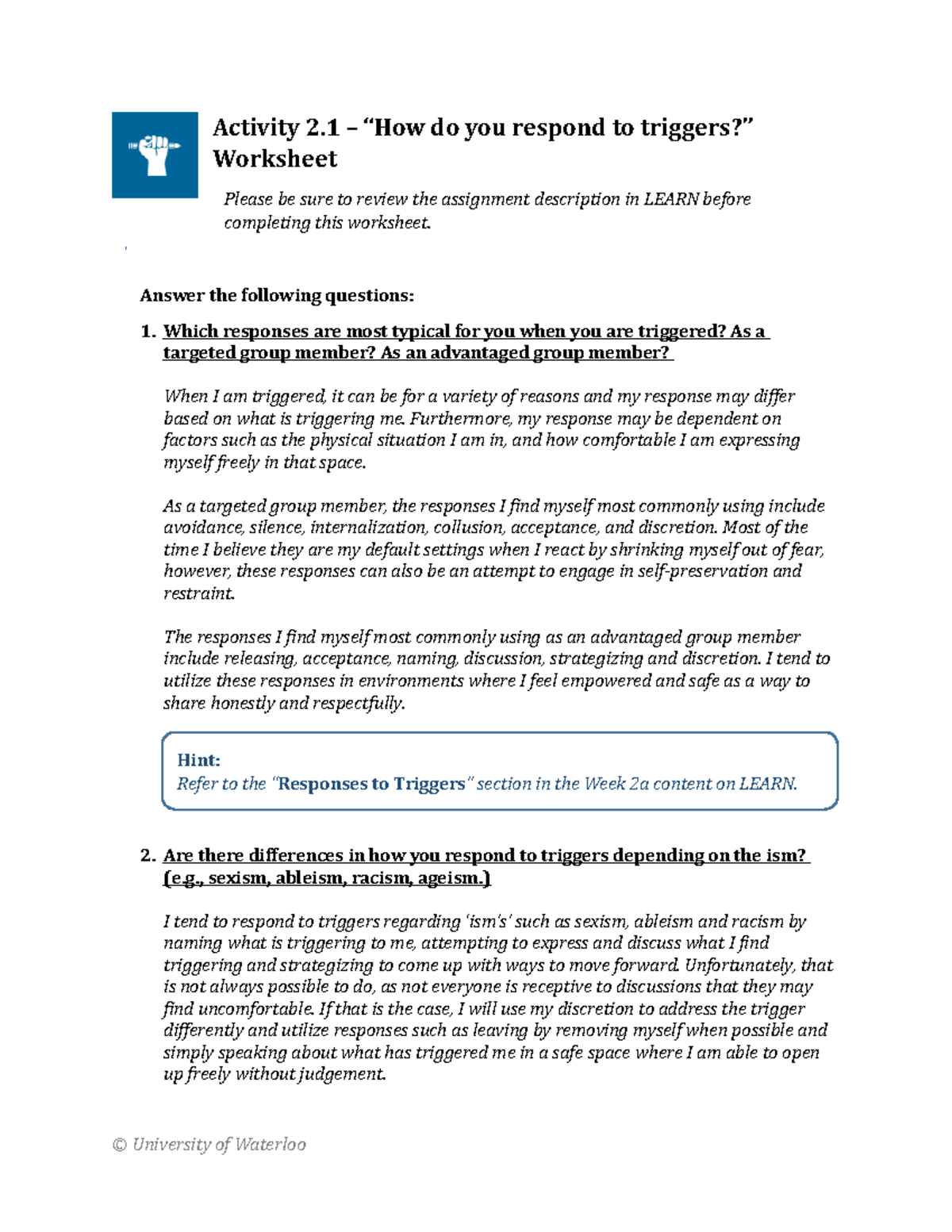 Arts 130 activity 2.1 worksheet - Activity 2 – “How do you respond to ...