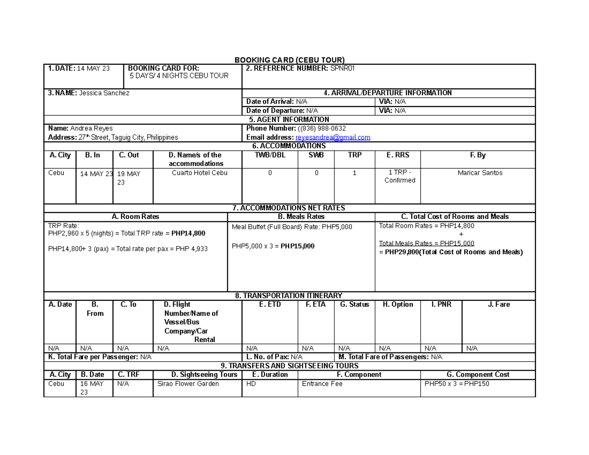 05 Laboratory Exercise 1 - BOOKING CARD (CEBU TOUR) 1. DATE: 14 MAY 23 ...