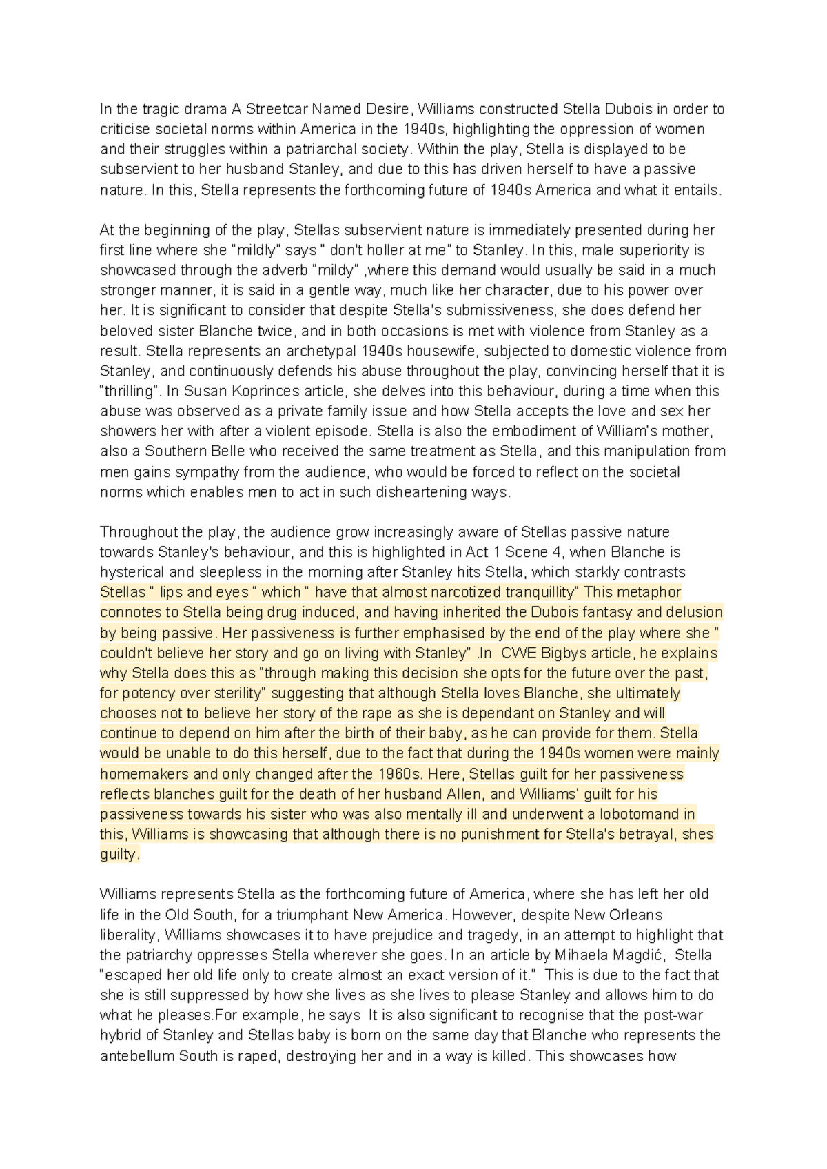 How does Williams present Stella in a SCND - In the tragic drama A ...