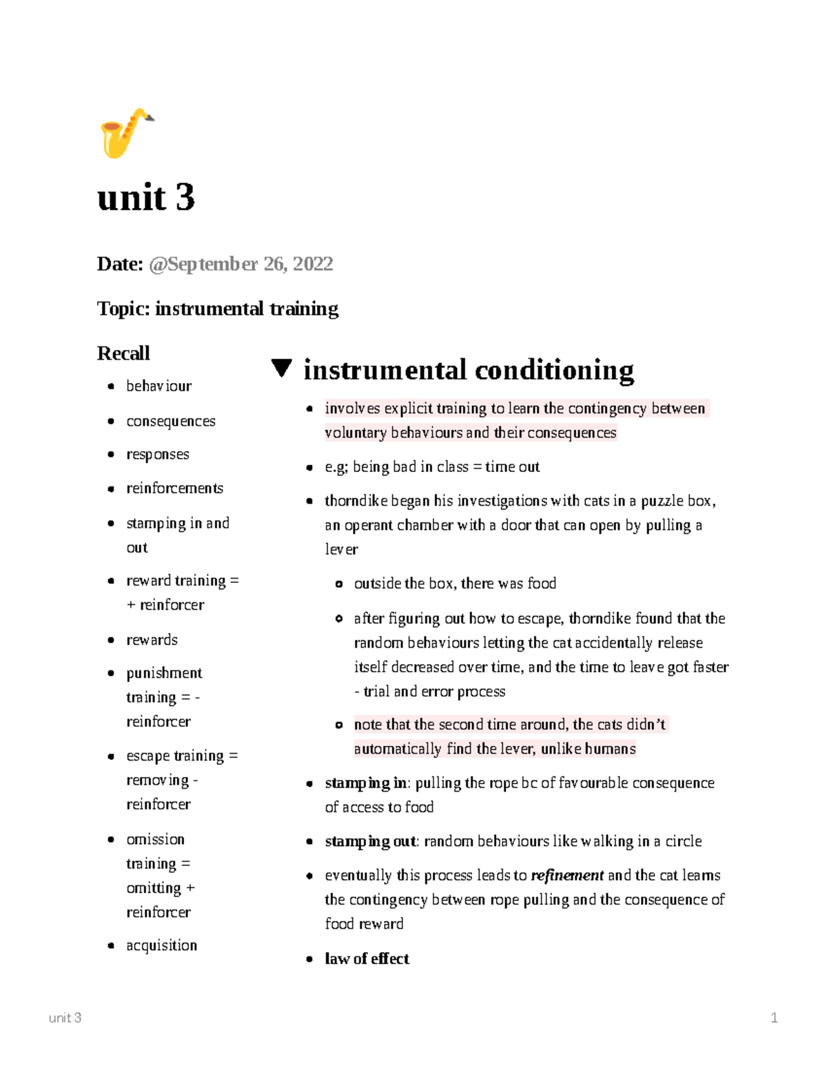 Unit 3 - unit 3 - § unit 3 Date: Topic: instrumental training Recall ...