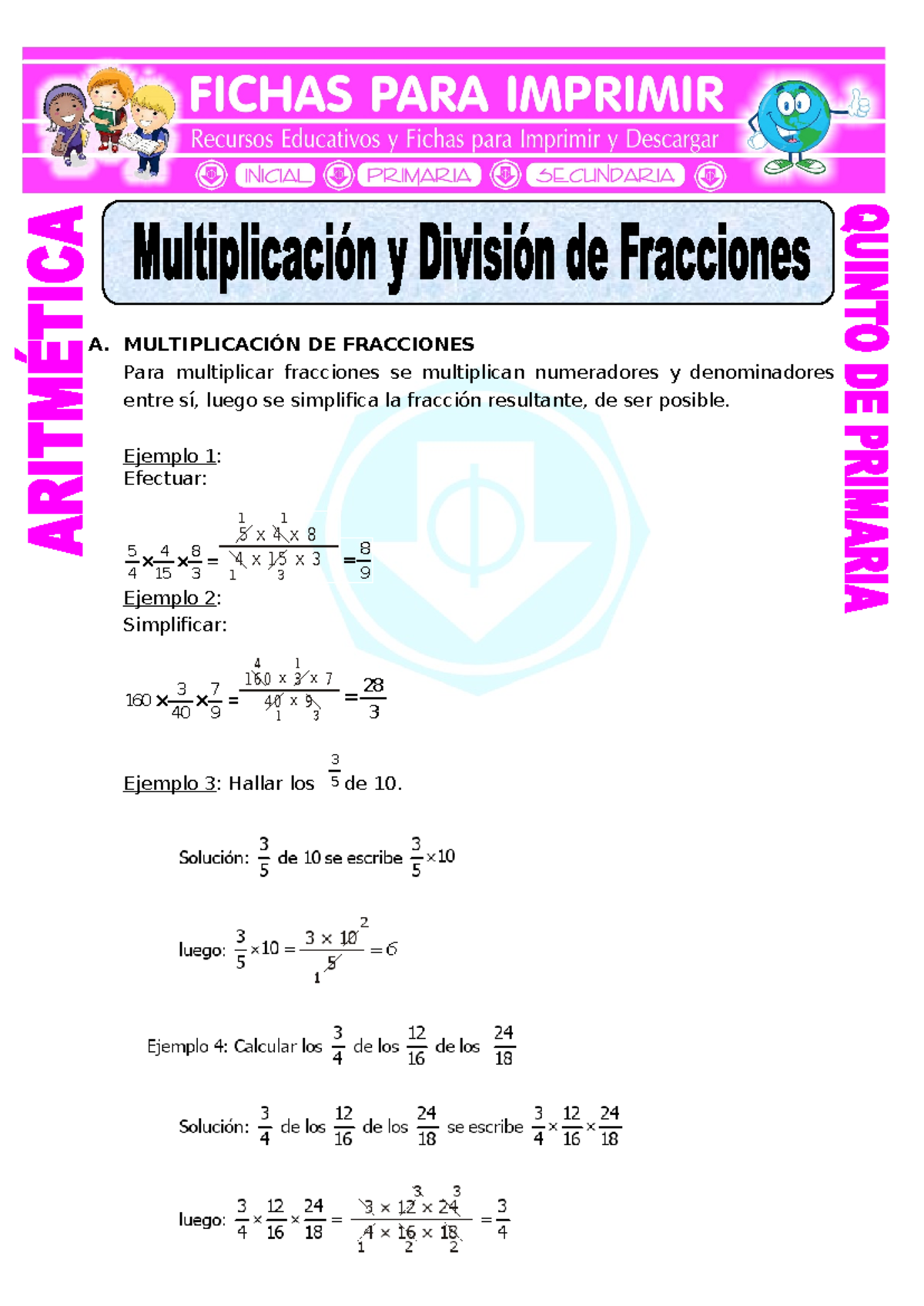 Multiplicación y División de Fracciones para Quinto de Primaria - A ...