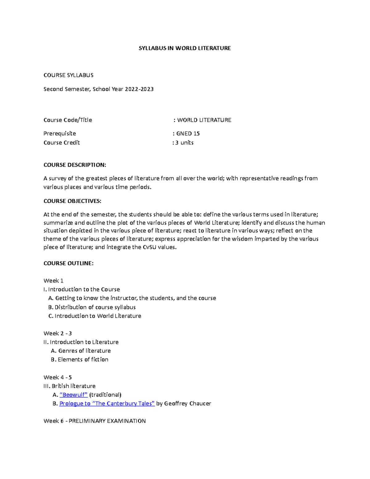 Syllabus IN World Lit. GNED 15 - SYLLABUS IN WORLD LITERATURE COURSE ...