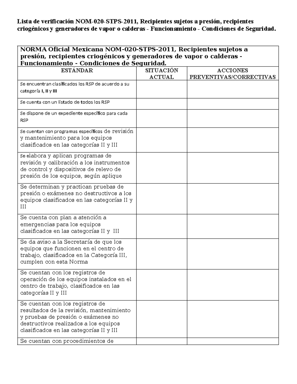 Lista de verificación NOM-020 - Lista de verificación NOM-020-STPS-2011 ...