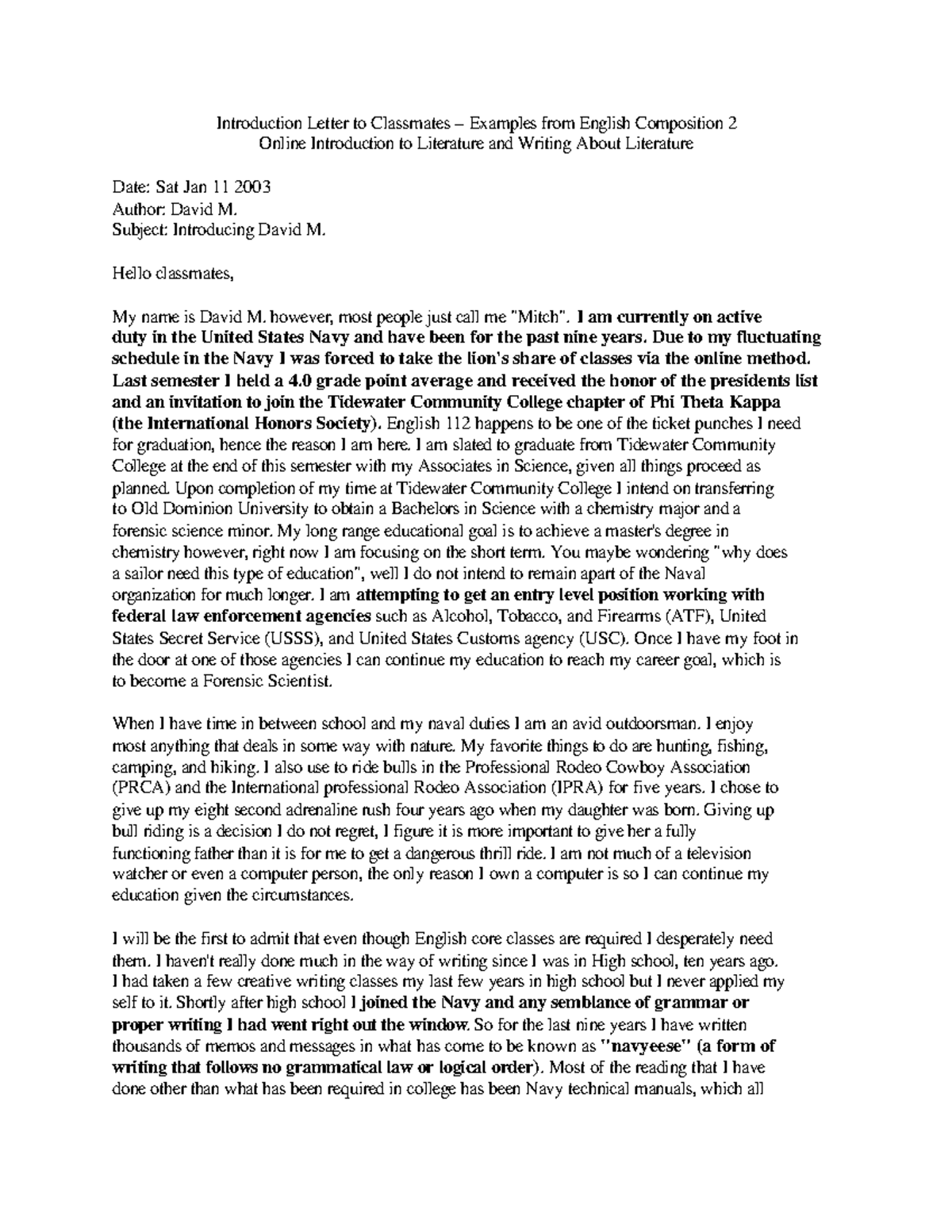 Introduction Letter to Classmates - Subject: Introducing David M. Hello ...