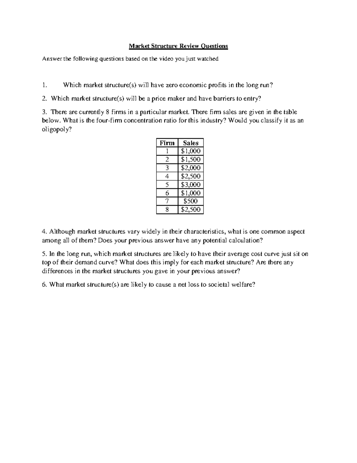 PFI BUS4476-Market Structure Review Questions - Market Structure Review ...