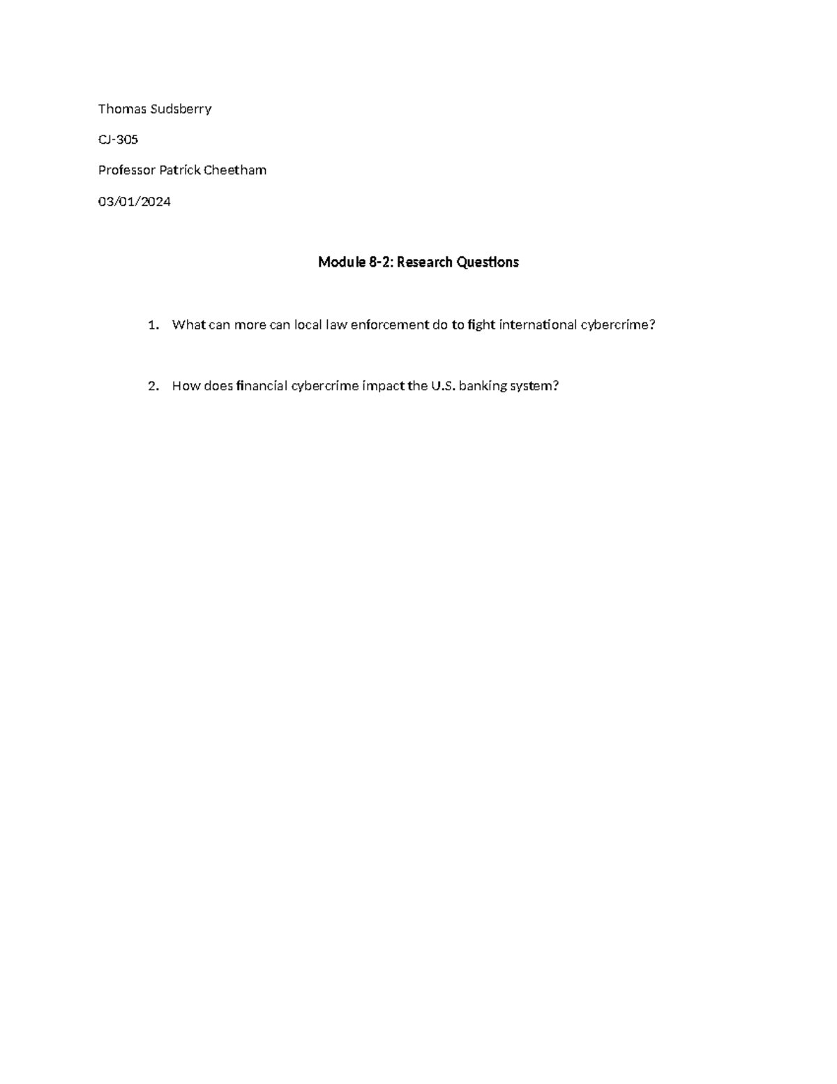 CJ 305 Module 8 Practice Activity - CJ 305 - Thomas Sudsberry CJ ...