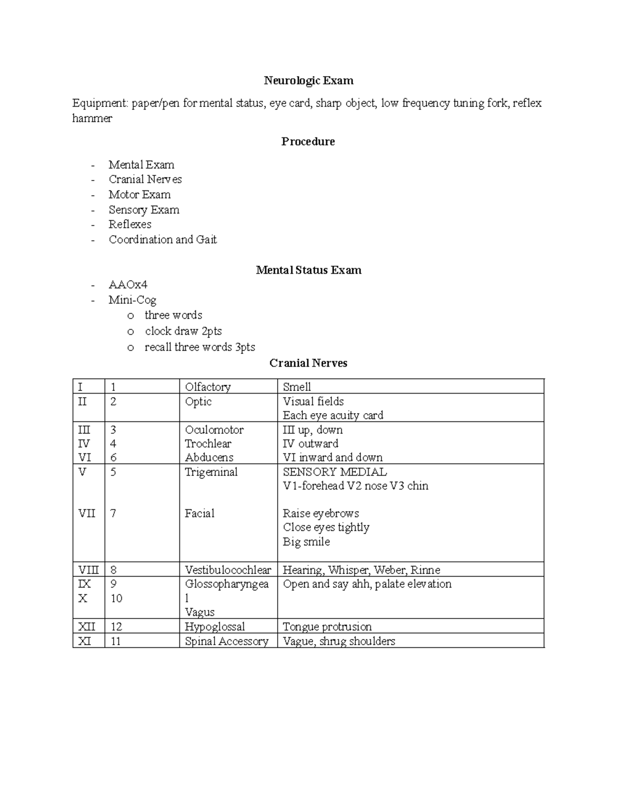 Neurological Exam - Full Neuro Exam - Neurologic Exam Equipment: paper ...