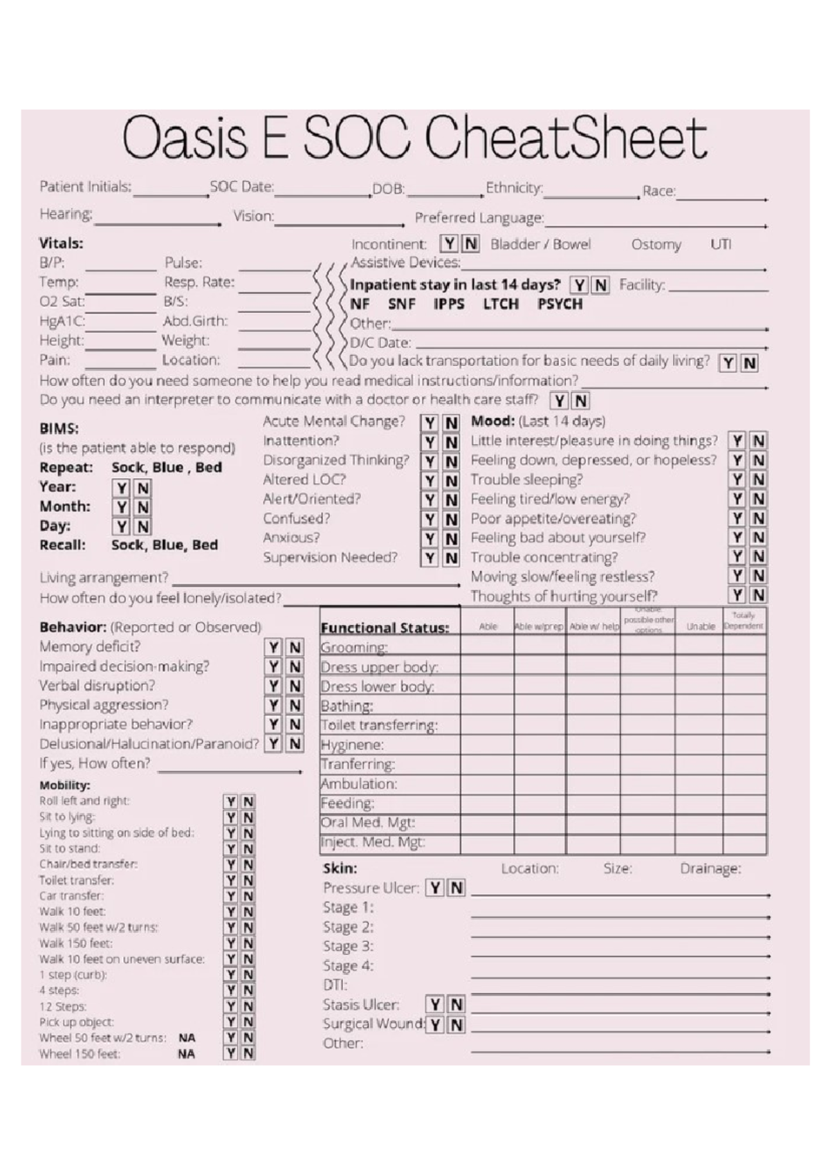 SOC cheat sheet - n/A - Oasis E SOC CheatSheet Patient Initials: SOC ...