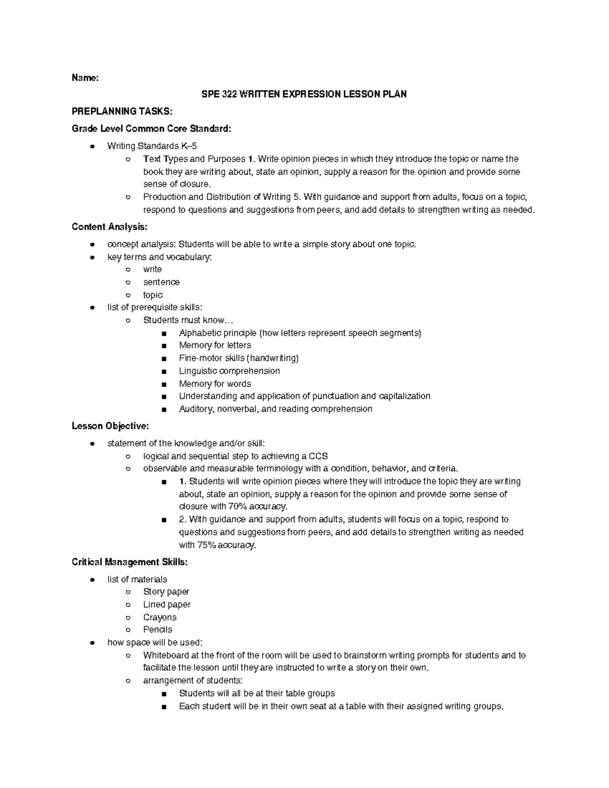 Written Expression Lesson Plan - Name: SPE 322 WRITTEN EXPRESSION ...