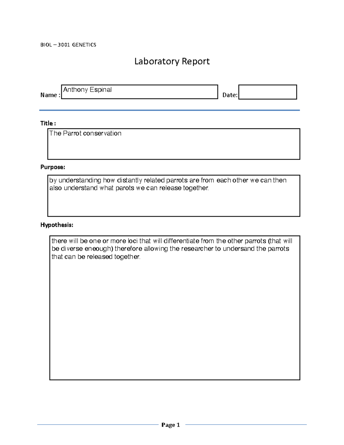 Laboratory Report Form - BIOL – 300 1 GENETICS Laboratory Report Name ...