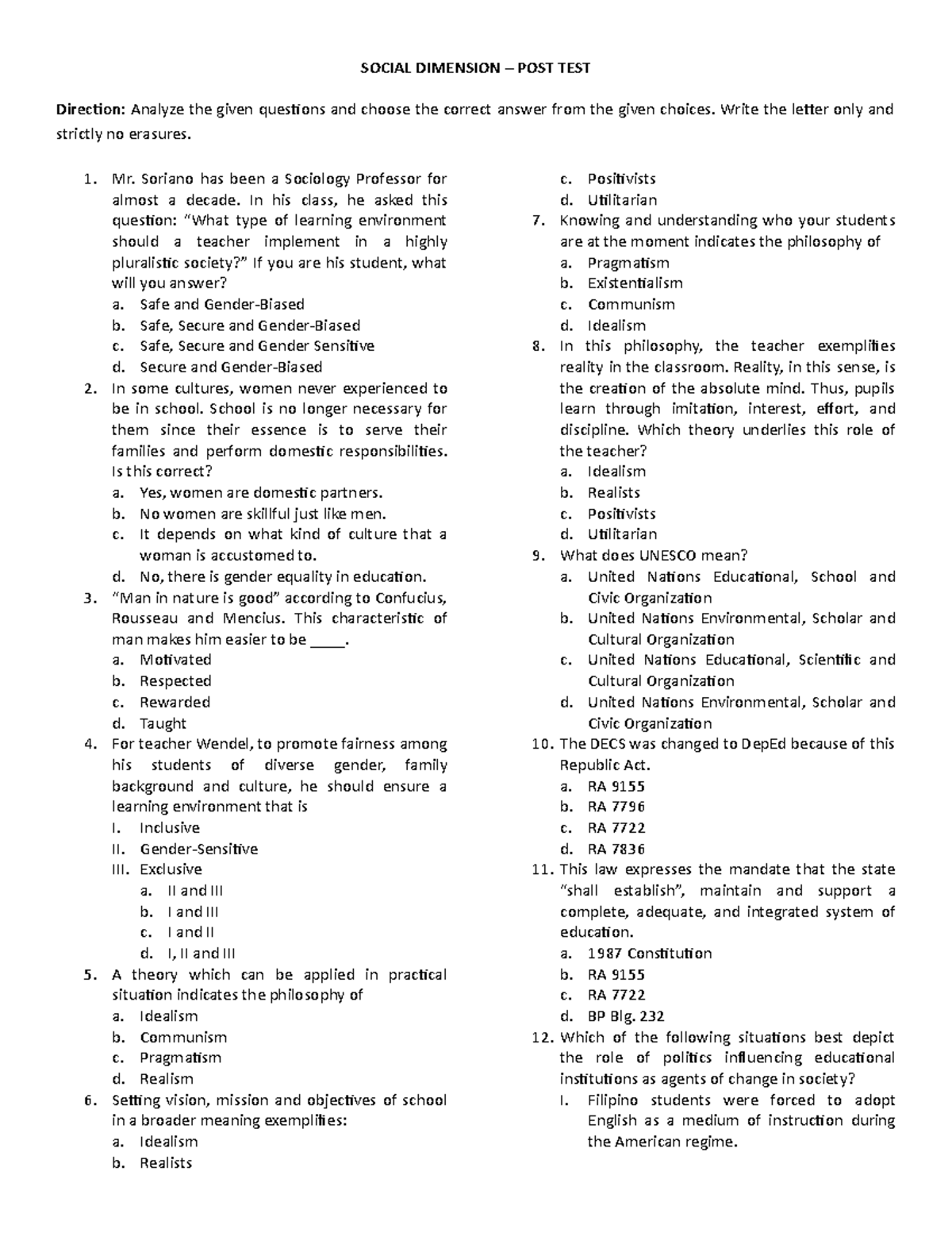 POST Social Dimension - SOCIAL DIMENSION – POST TEST Direction: Analyze ...