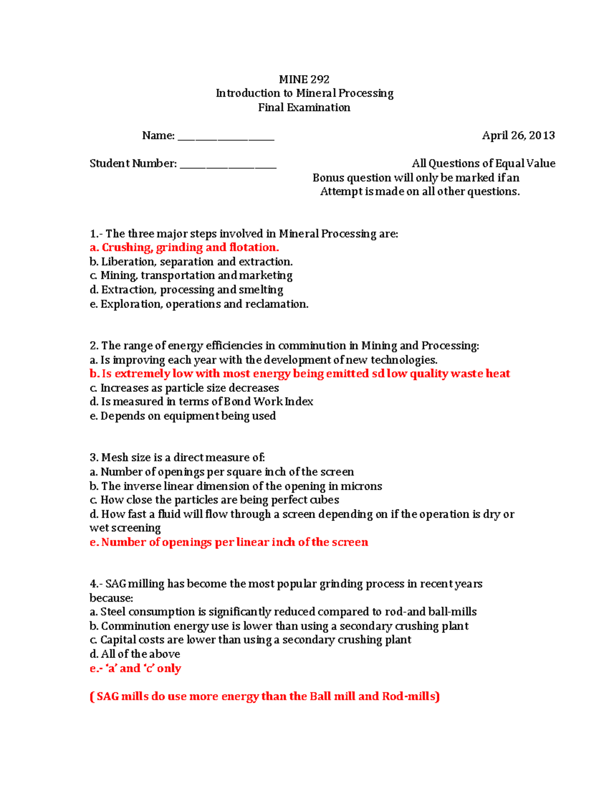 Exam April 2013, questions and answers - MINE 292 Introduction to ...