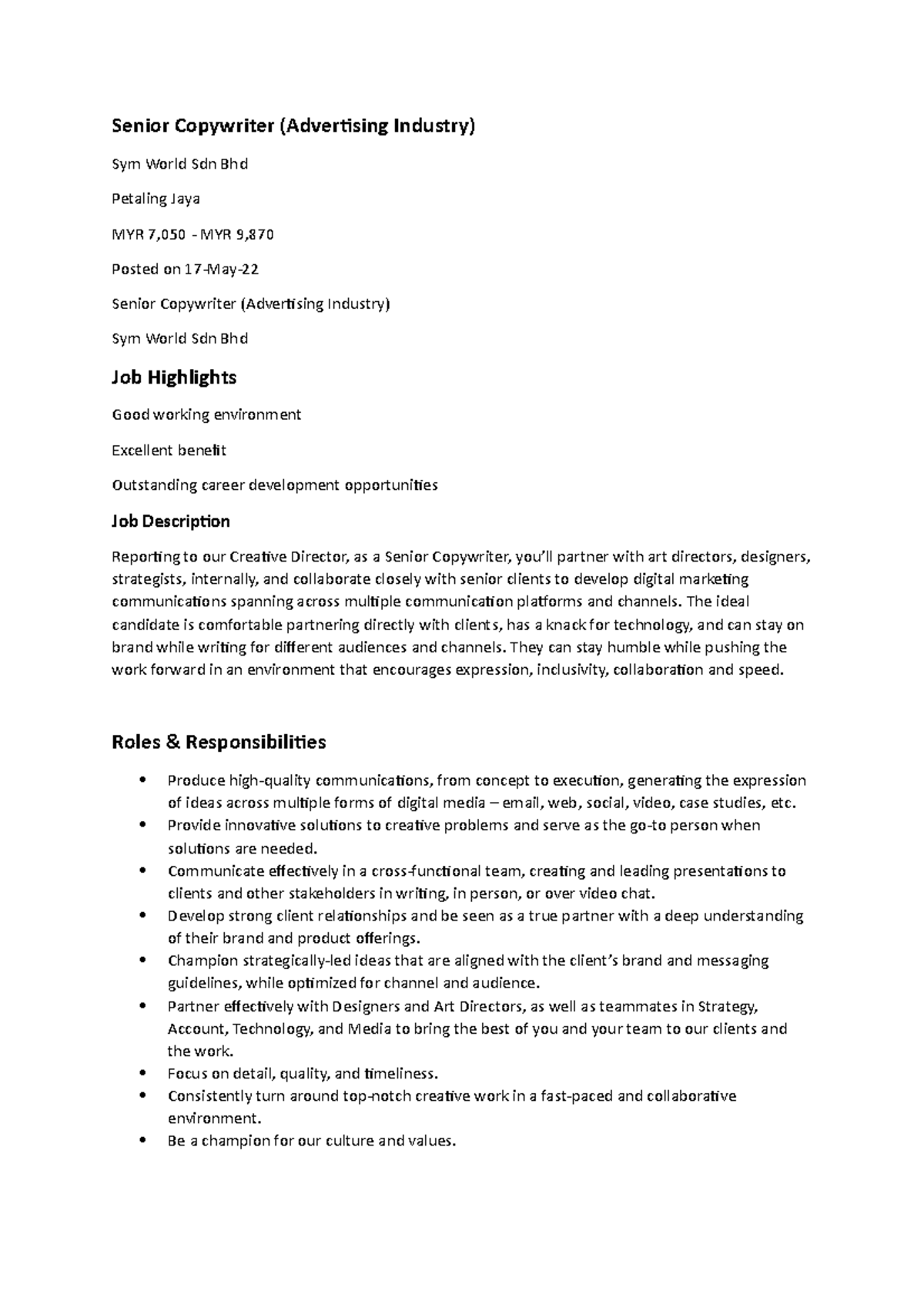 Job Advertisement - epiii - Senior Copywriter (Advertising Industry ...