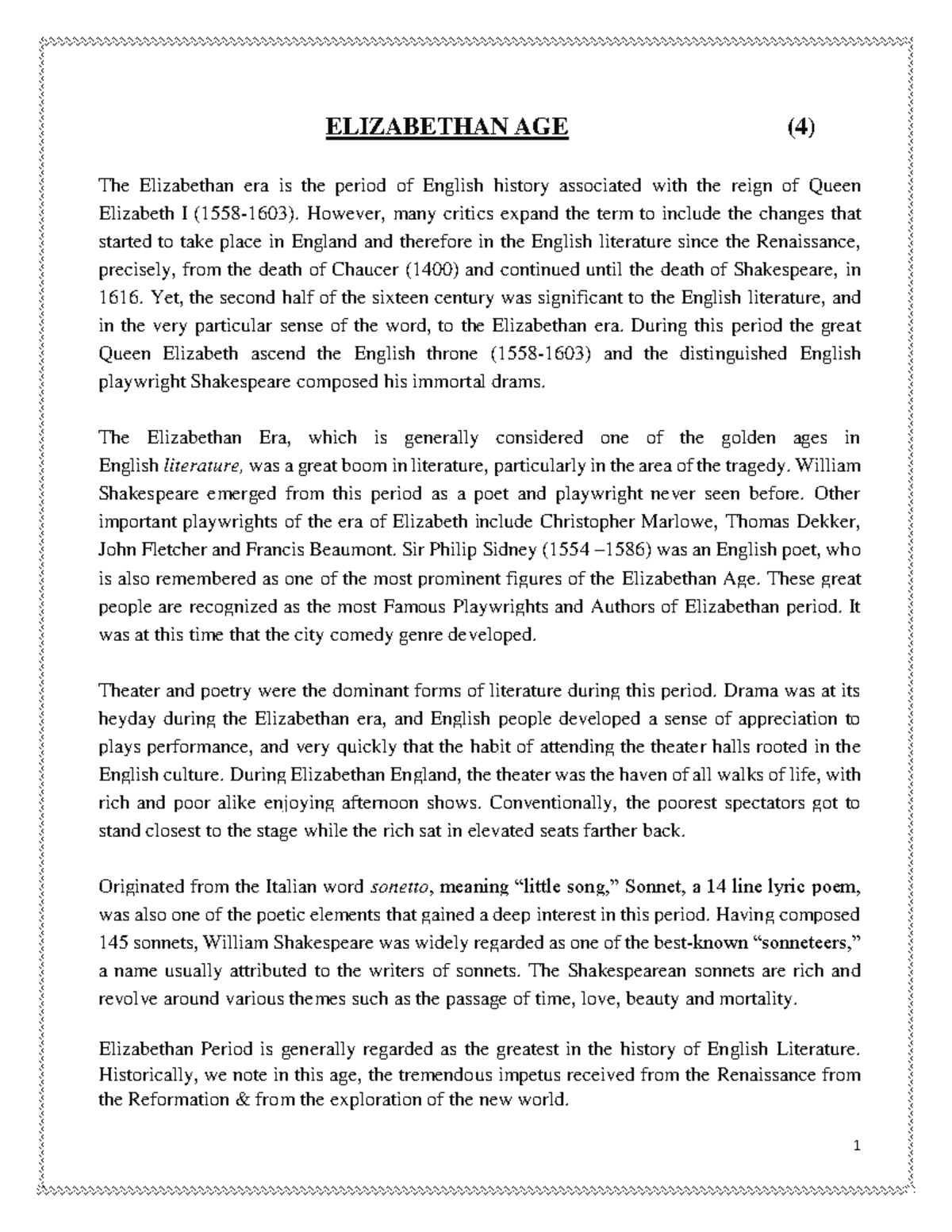 4 Elizabethan AGE - ELIZABETHAN AGE (4) The Elizabethan era is the ...