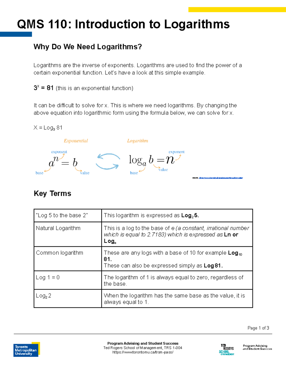 QMS 110 Introduction to Logarithms - QMS 110: Introduction to ...