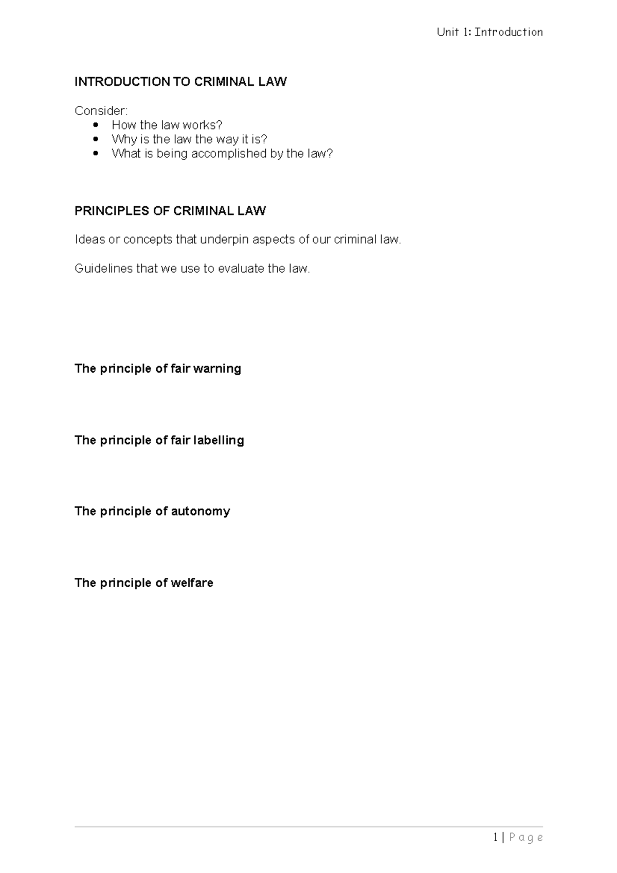 Criminal Law Unit 1 Lecture - Unit 1: Introduction INTRODUCTION TO ...