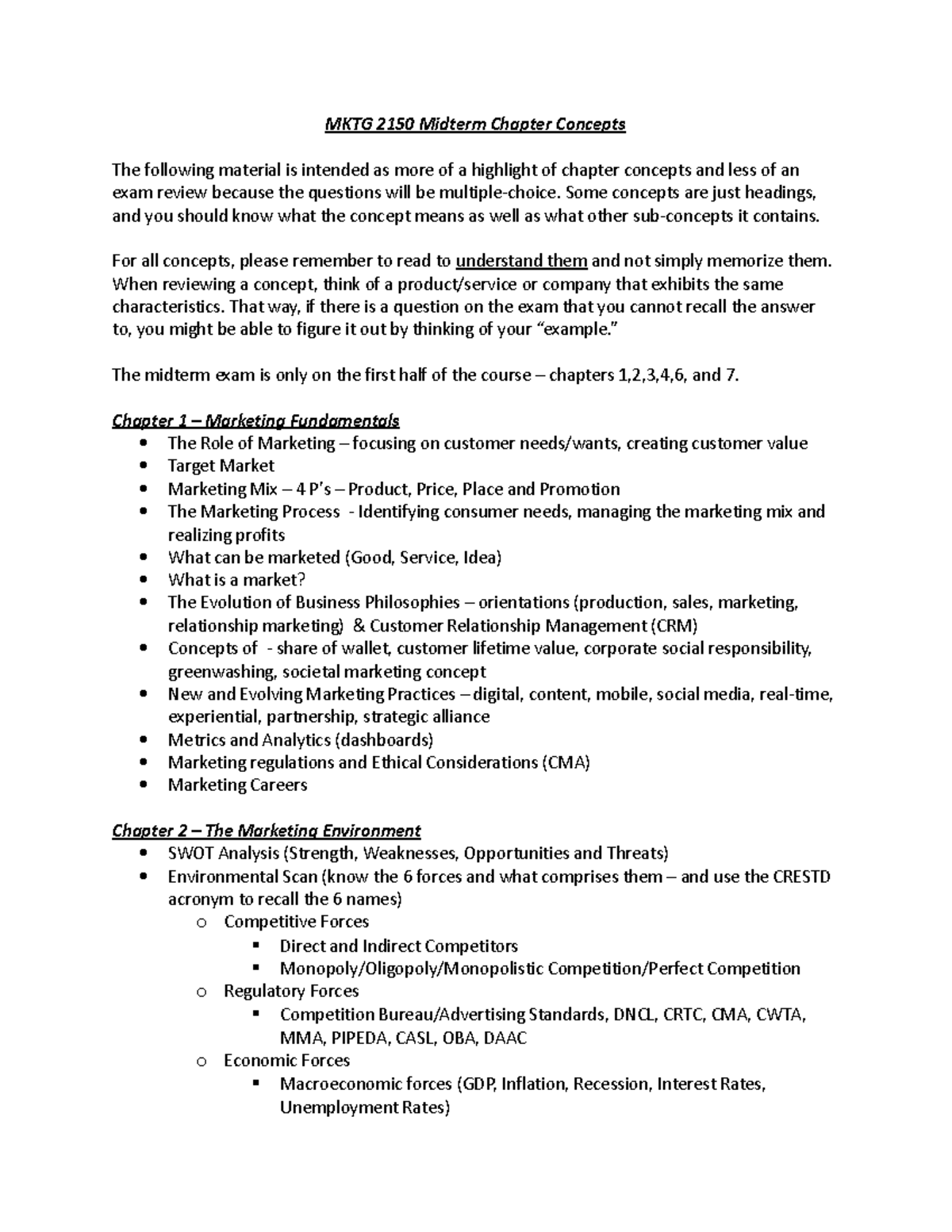 Midterm Exam Key Concept Review - MKTG 2150 Midterm Chapter Concepts The following material is ...