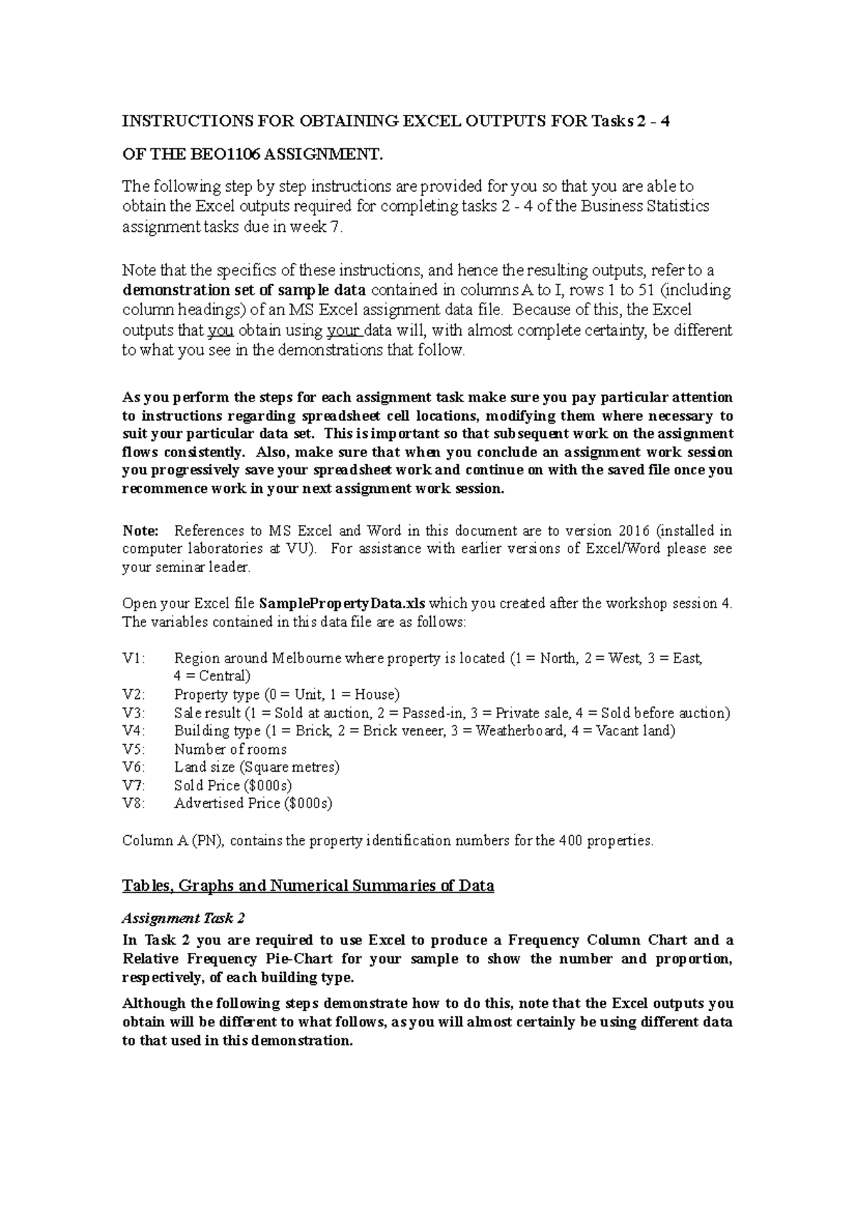 Excel Instructions for Assignment Tasks 2 - 4 - INSTRUCTIONS FOR ...