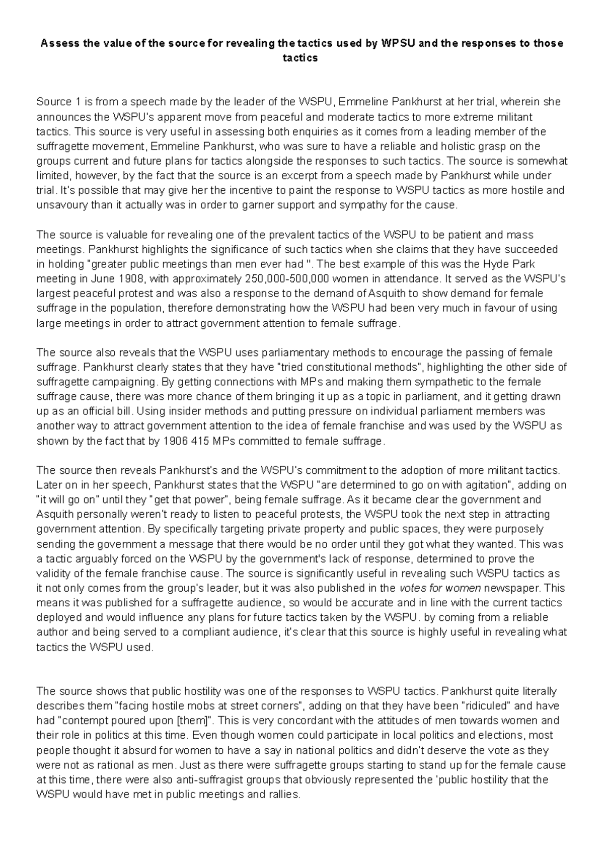 WSPU source essay - Assess the value of the source for revealing the ...