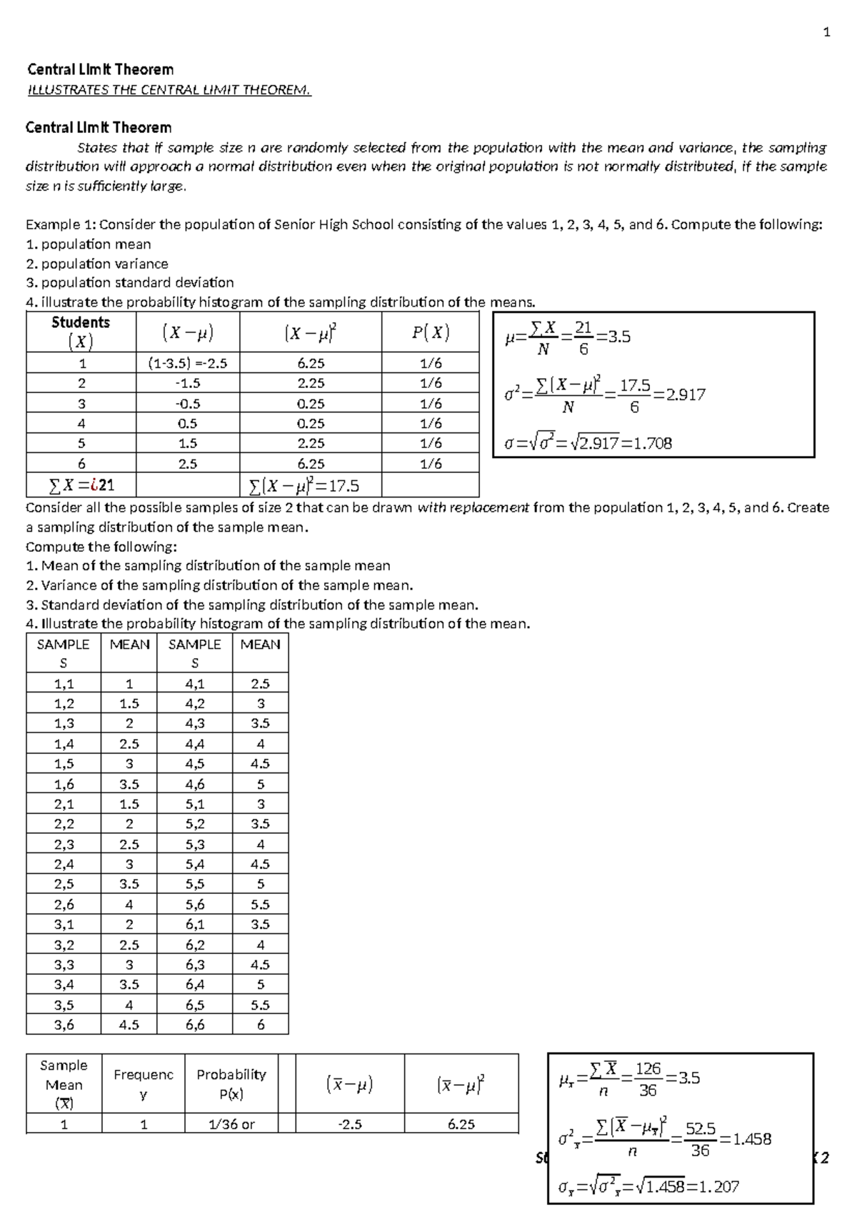 Statistics and Probab Lessons Week 2 4TH - 1 Central Limit Theorem ...