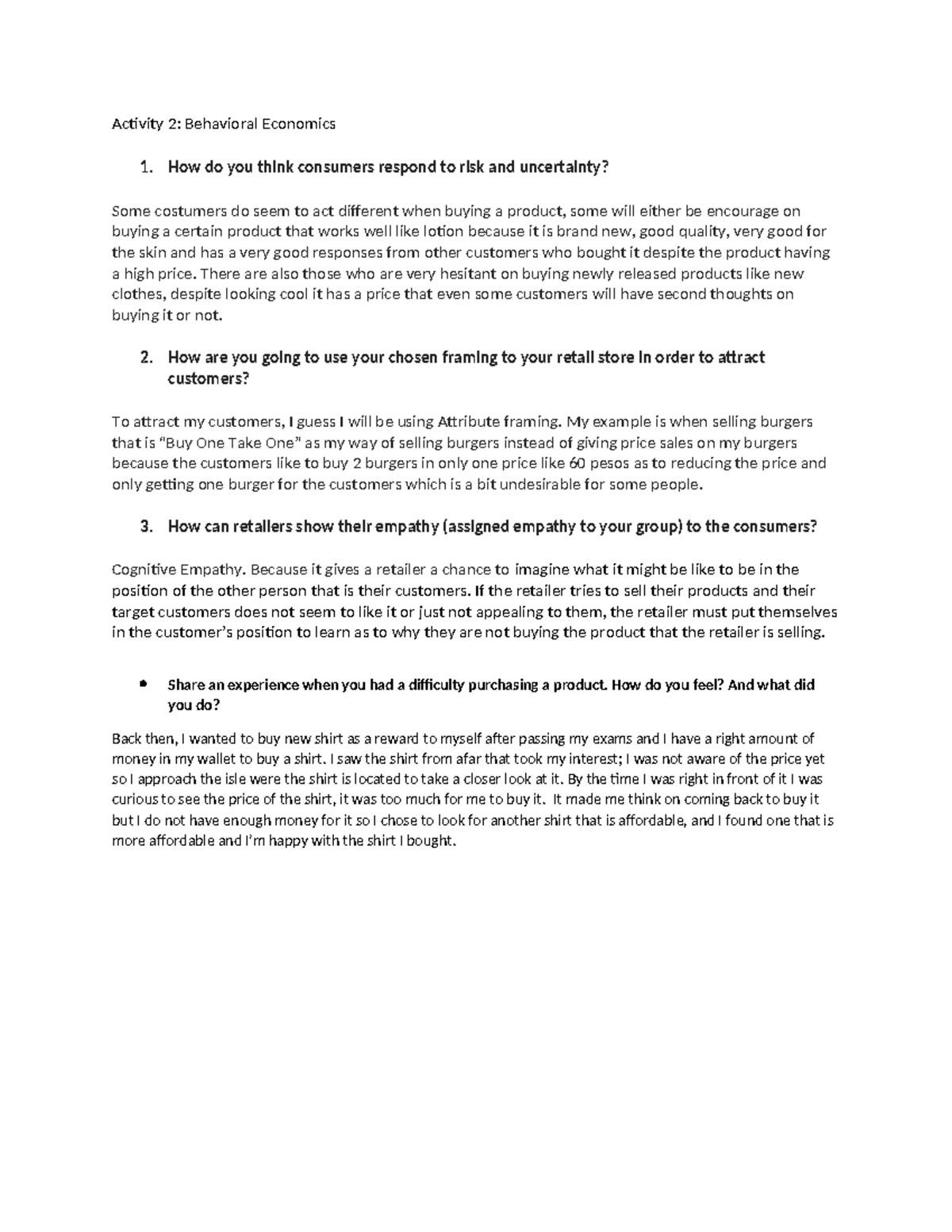 Behavioral Economics Activity 2 COPY - Activity 2: Behavioral Economics ...