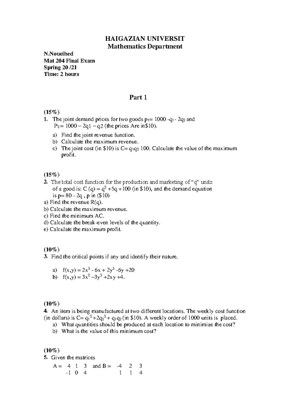 Mat204 Final Spring 2021 Haigazian Universit Mathematics Department N