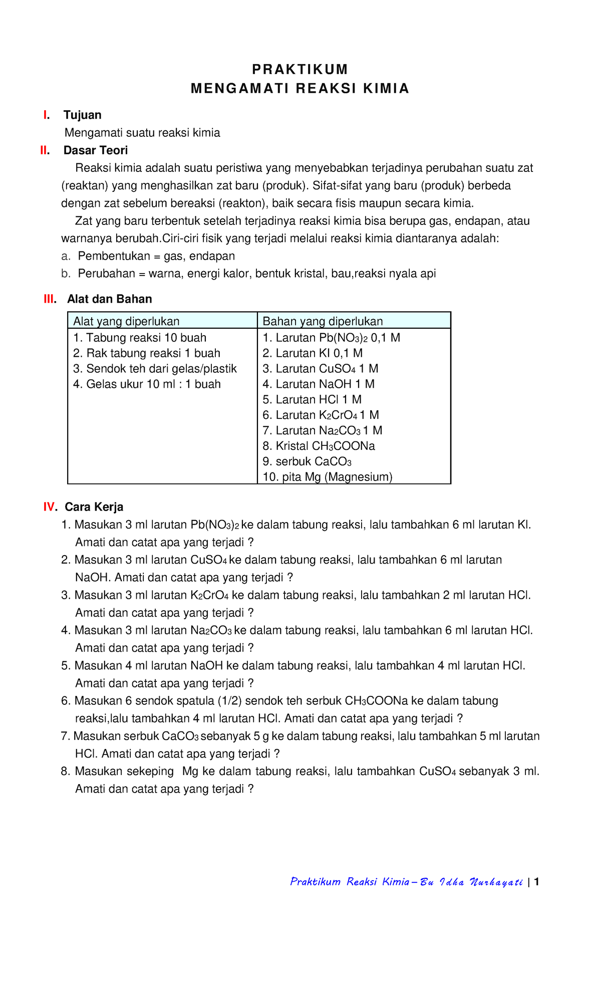 Praktikum Reaksi Kimia 23 - Tujuan Mengamati suatu reaksi kimia II ...
