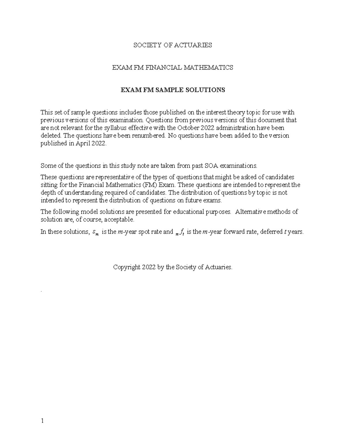 2018 10 exam fm sample solutions - SOCIETY OF ACTUARIES EXAM FM ...