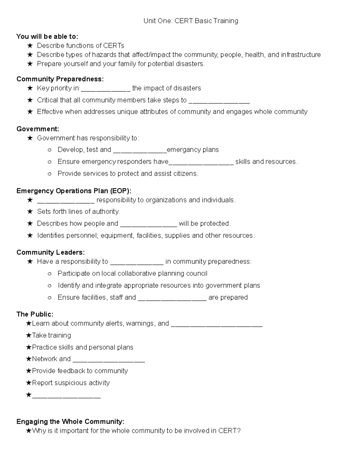 CERT Unit 1 Student Notes - Unit One: CERT Basic Training You will be ...